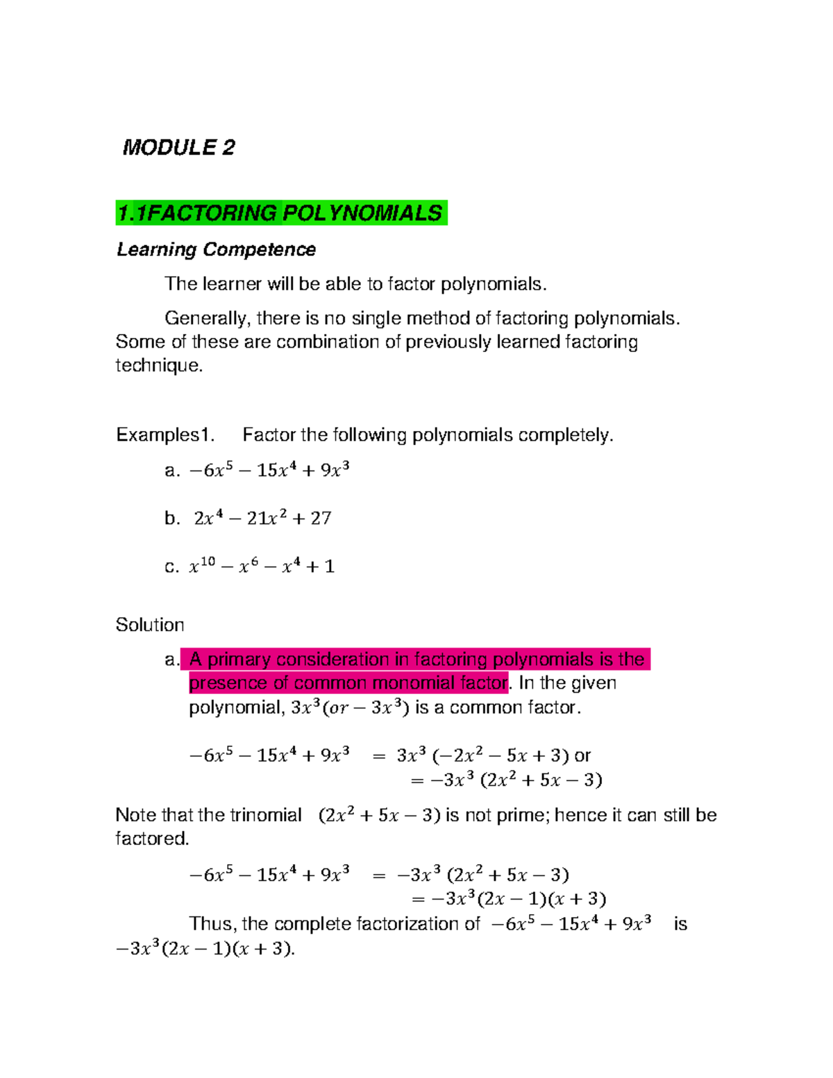 Module 2.3 Math 10 (Factorinr polynomials)and equations - MODULE 2 1 ...