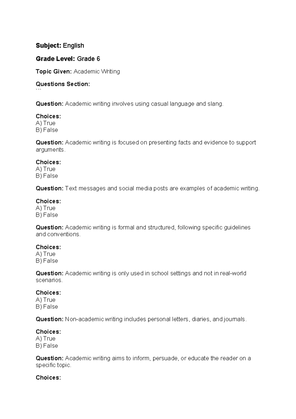 Quiz English - Subject: English Grade Level: Grade 6 Topic Given ...