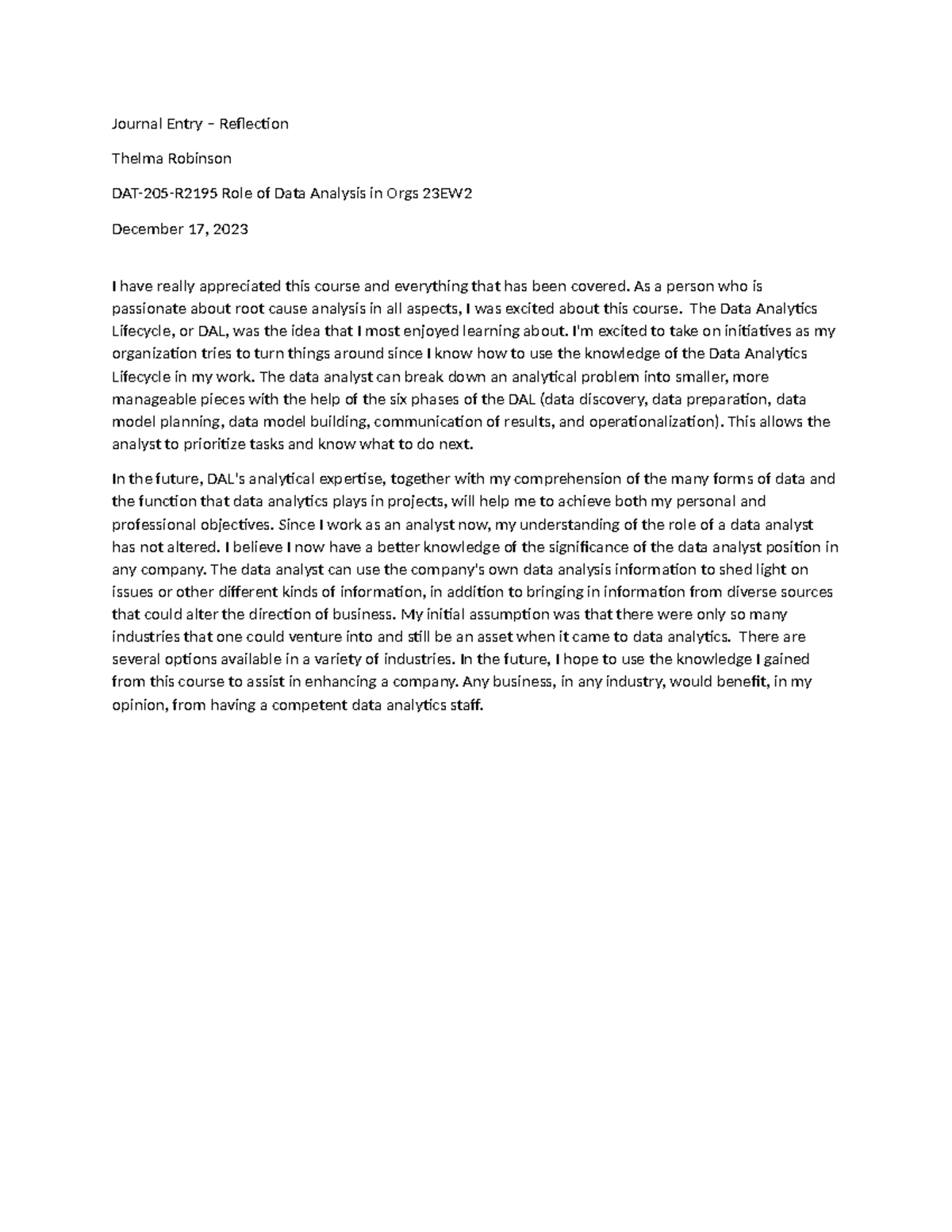 DAT 205 Moduel Eight Journal Entry –Reflection - Thelma Robinson ...