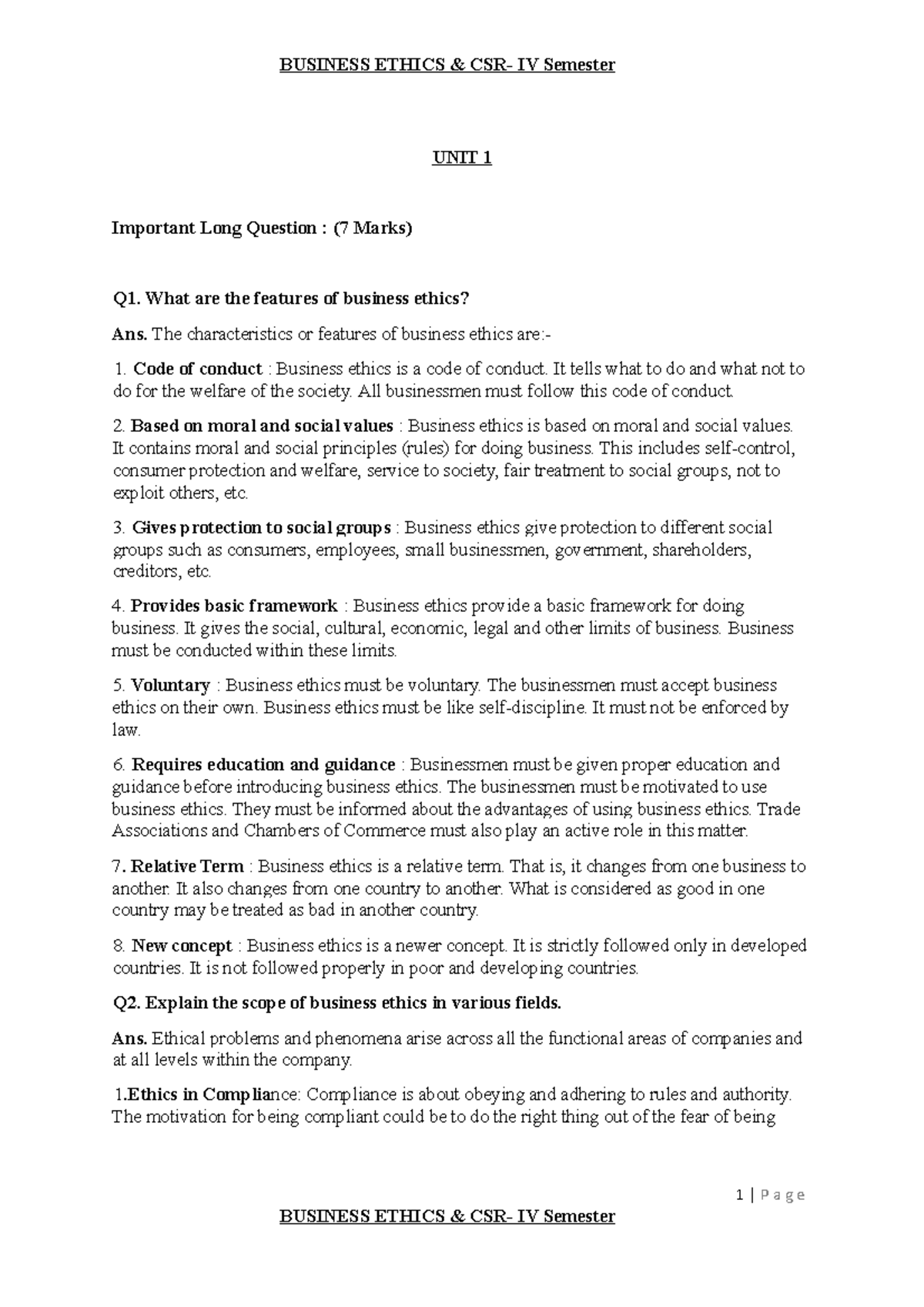 Becsr Long question - BUSINESS ETHICS & CSR- IV Semester UNIT 1 Important Long Question : (7 ...