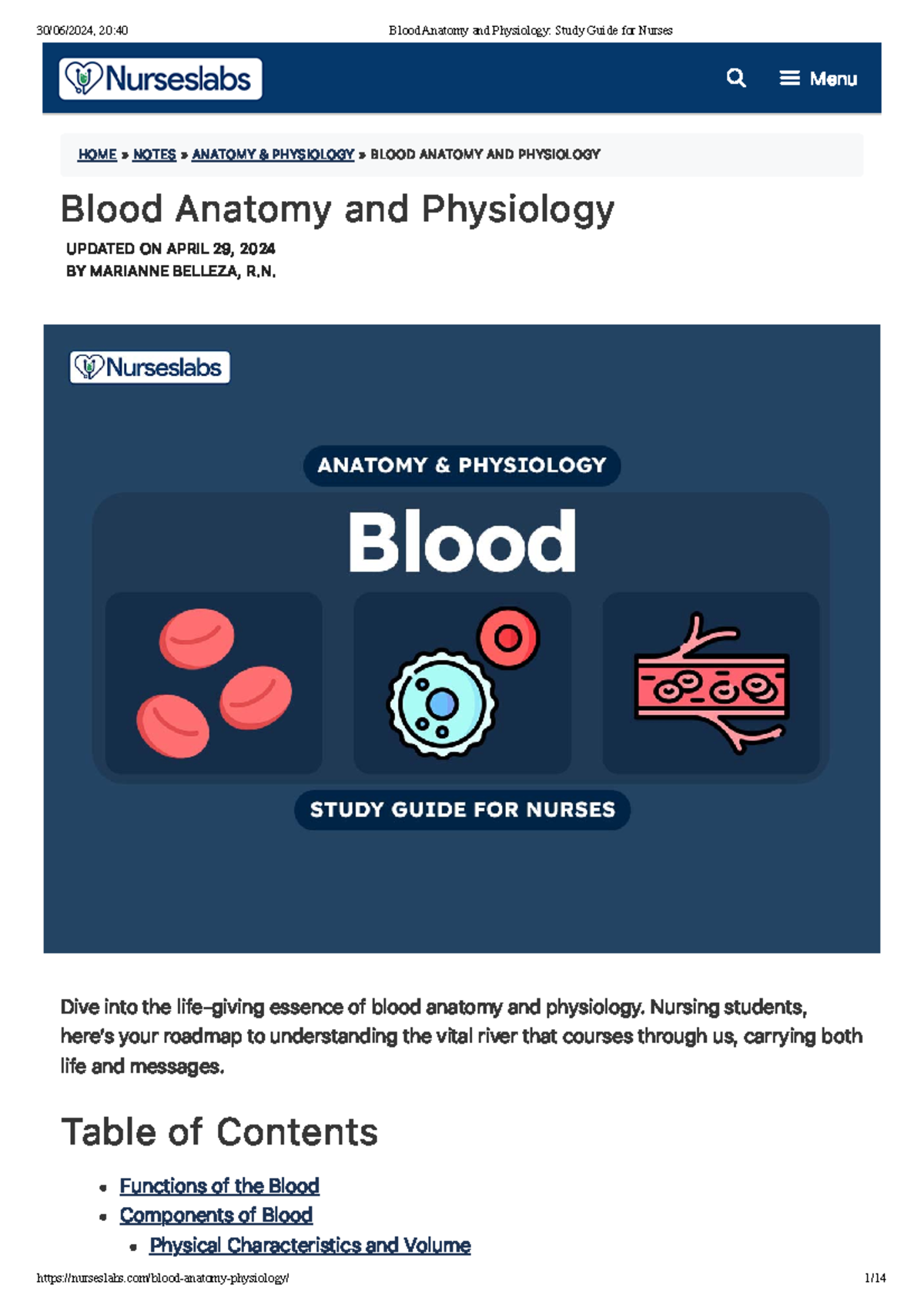 Blood Anatomy and Physiology Study Guide for Nurses - HOME » NOTES ...
