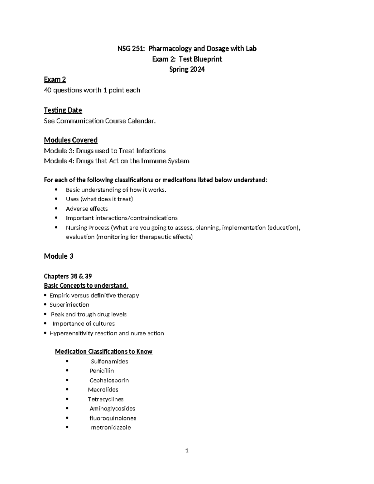 251exam2 - Study guide - NSG 251: Pharmacology and Dosage with Lab Exam ...