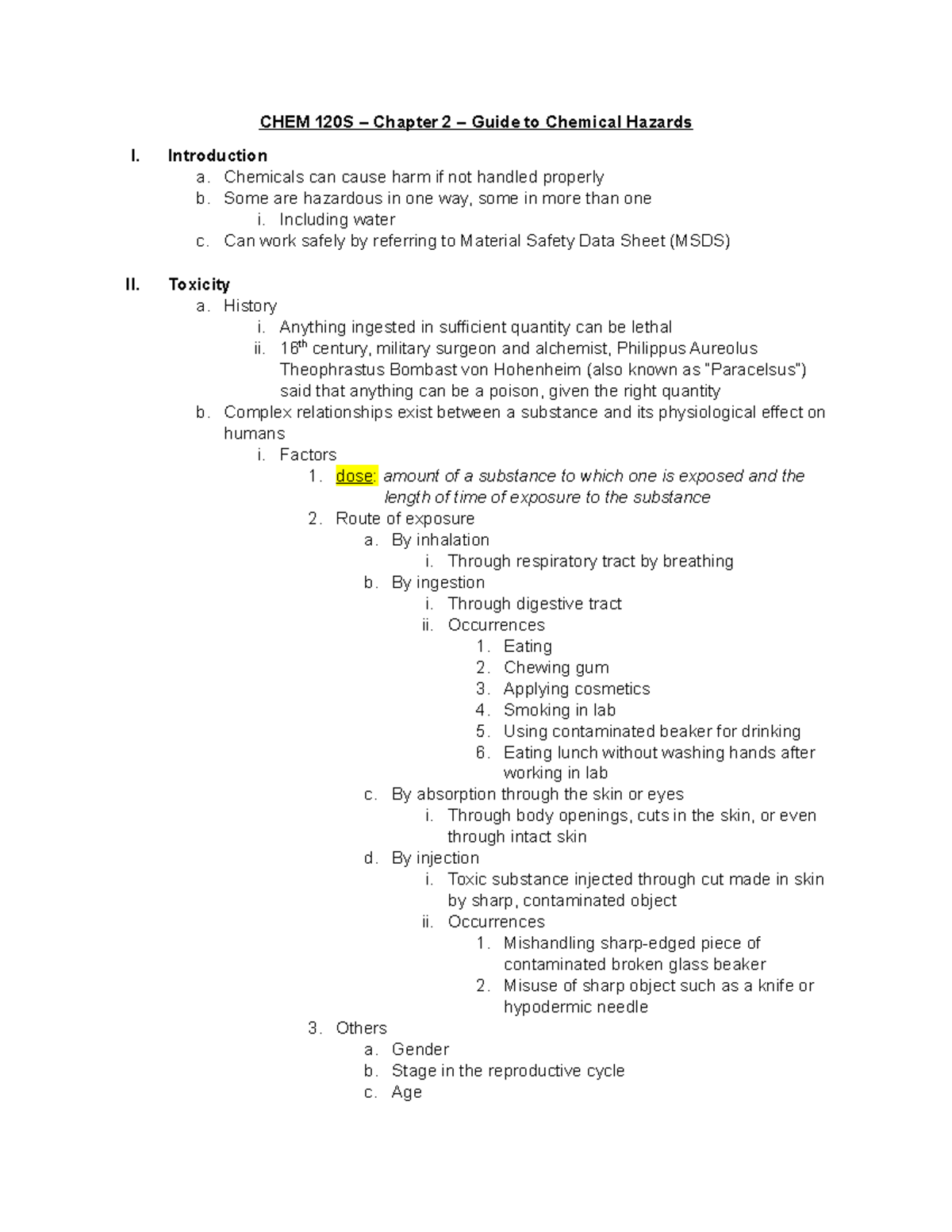 CHEM 120S - Chapter 2 - Guide to Chemical Hazards - Introduction a ...