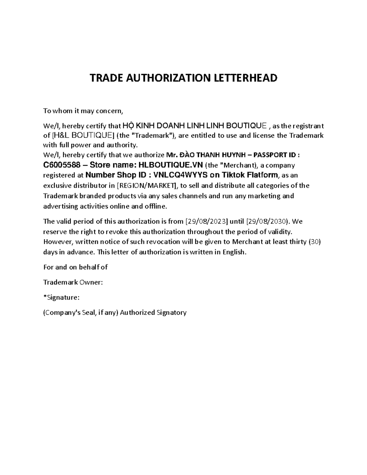 Trade Authorization Letterhead 2 - TRADE AUTHORIZATION LETTERHEAD To ...