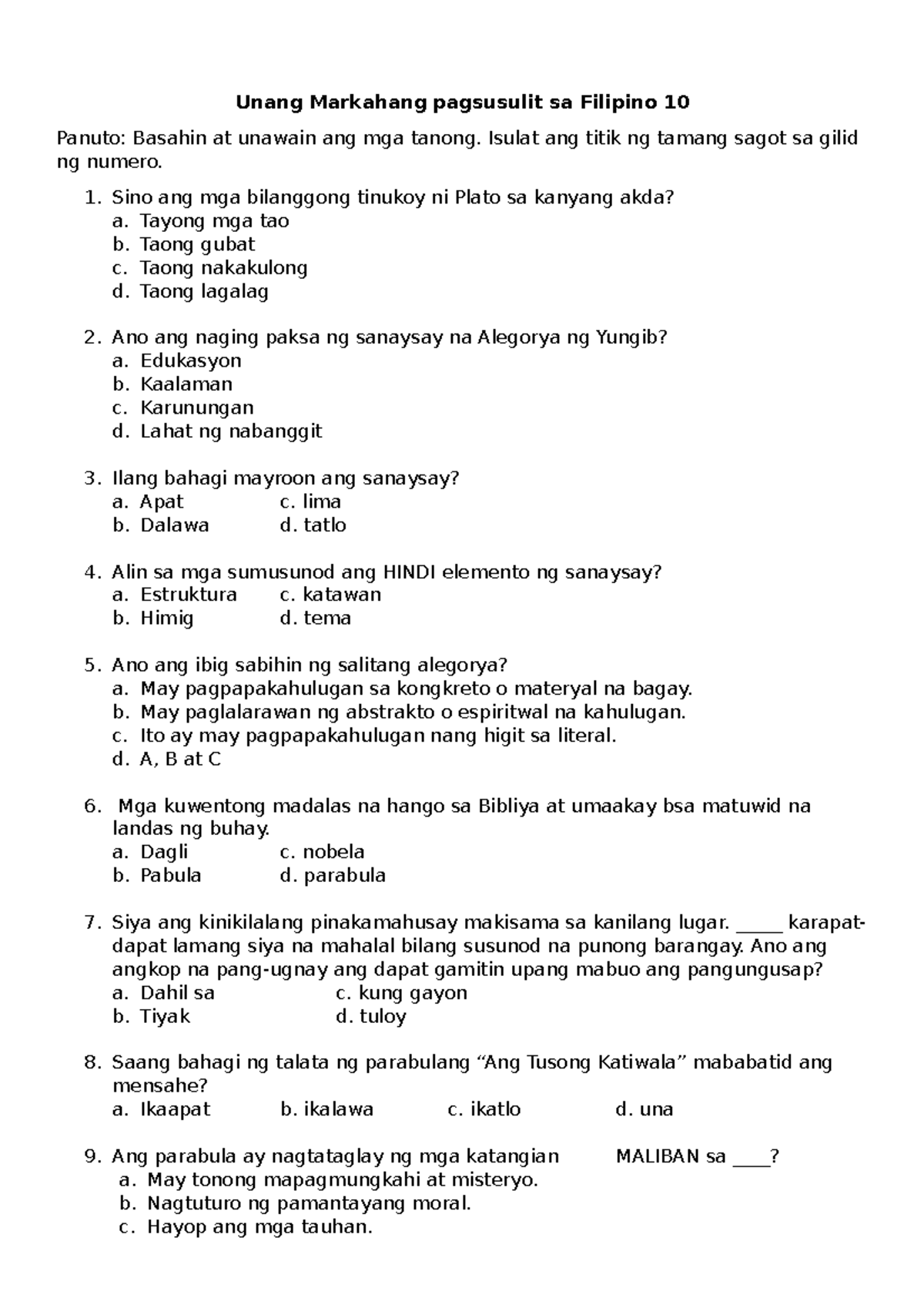 Unang Markahang pagsusulit sa Filipino 10 - Isulat ang titik ng tamang ...