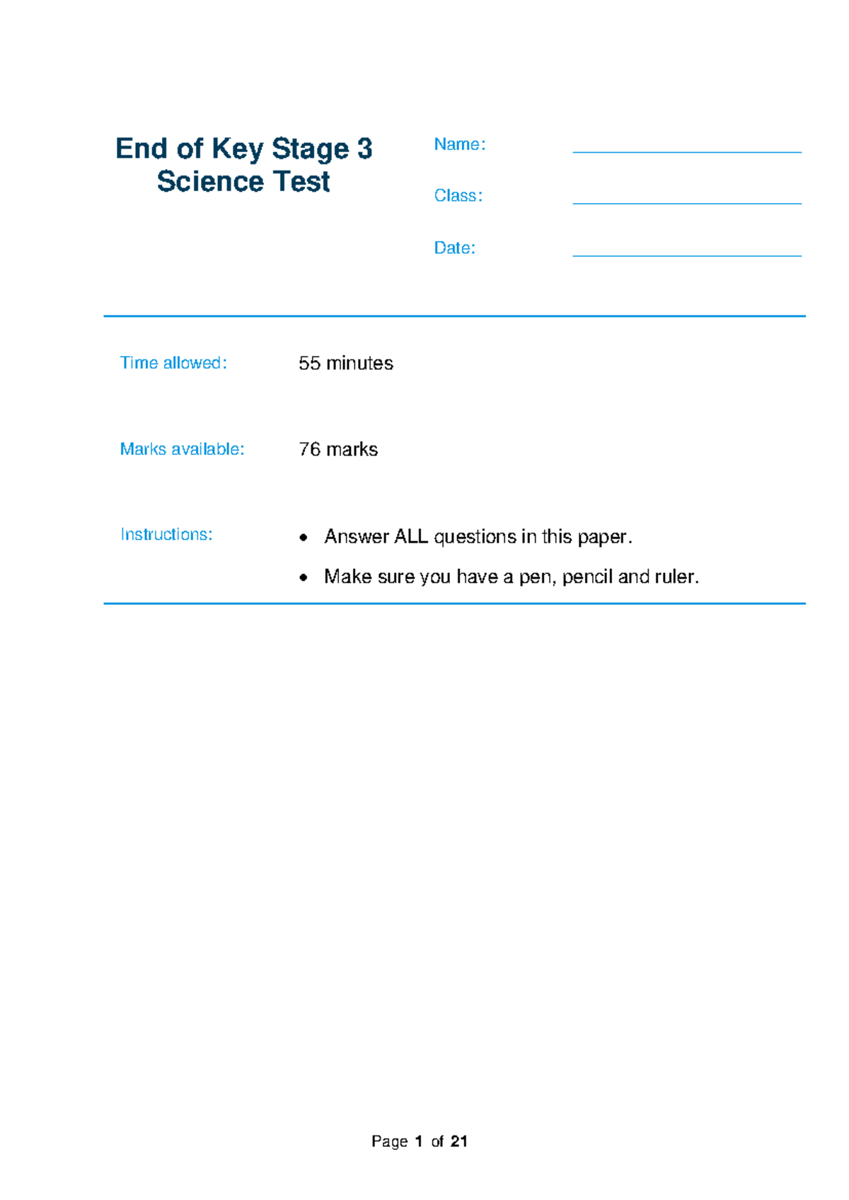 KS3TEST - Good - End of Key Stage 3 Science Test Name ...