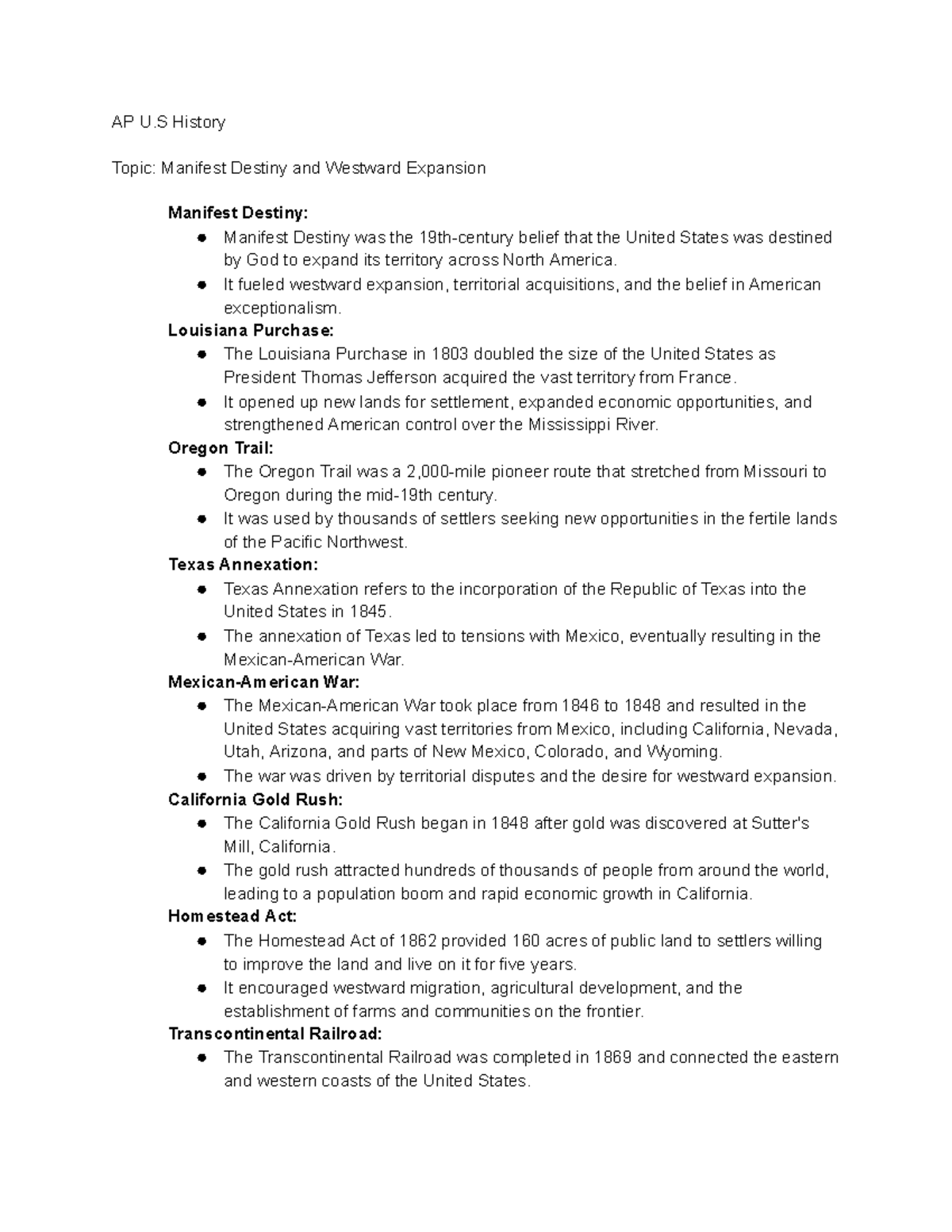AP U.S History - Manifest Destiny and Westward Expansion - AP U History ...