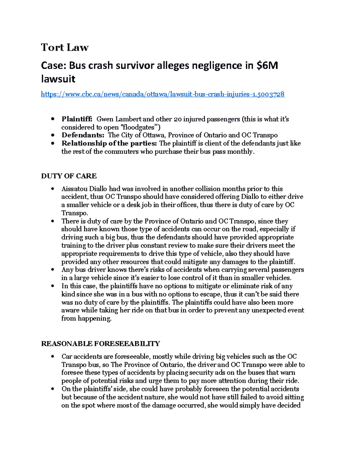 Assignment 1 - LGST 369 - Tort Law Case: Bus crash survivor alleges ...