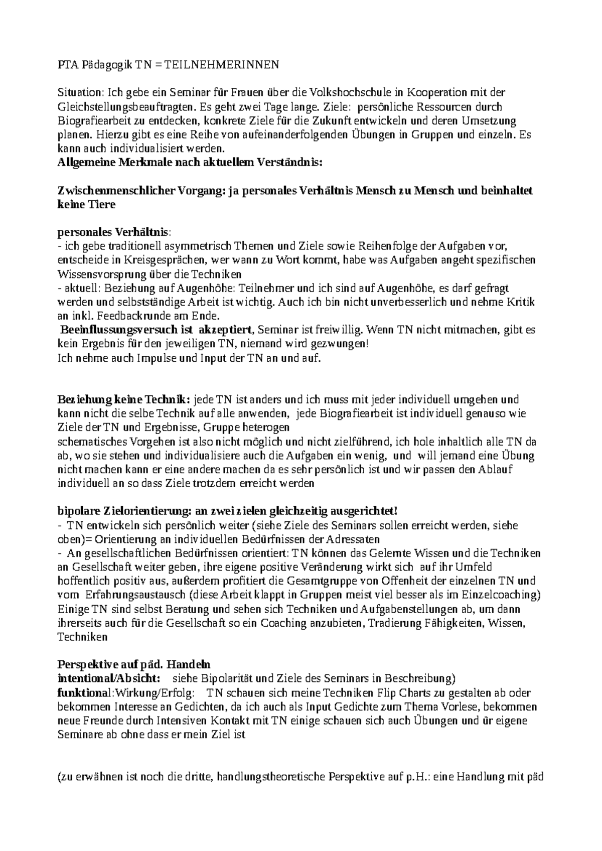 PTA Pädagogik - Es geht zwei Tage lange. Ziele: persönliche Ressourcen ...