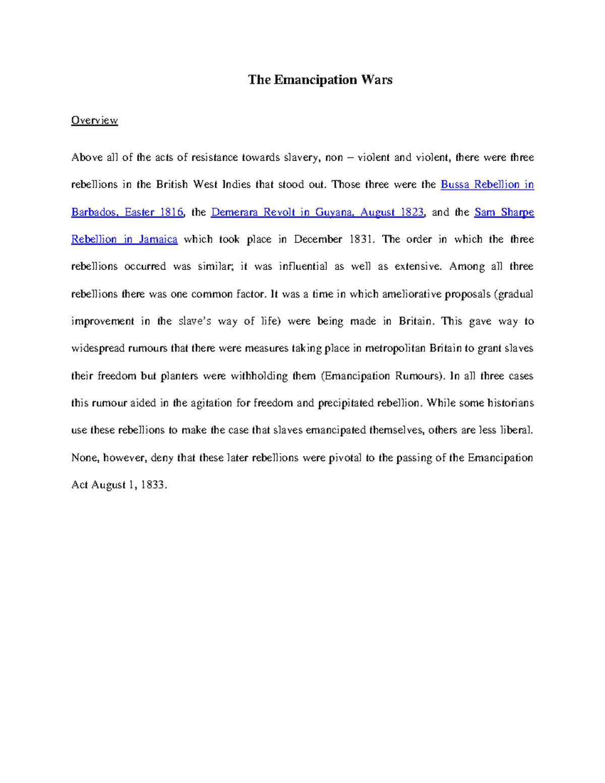 The Emancipation Wars - Information to supplement the presentation of ...
