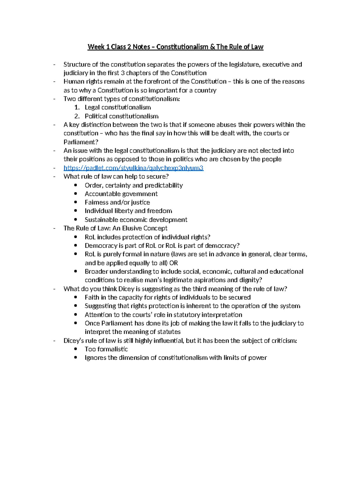 Week 1 Class 2 Notes – Constitutionalism & The Rule of Law - Week 1 ...