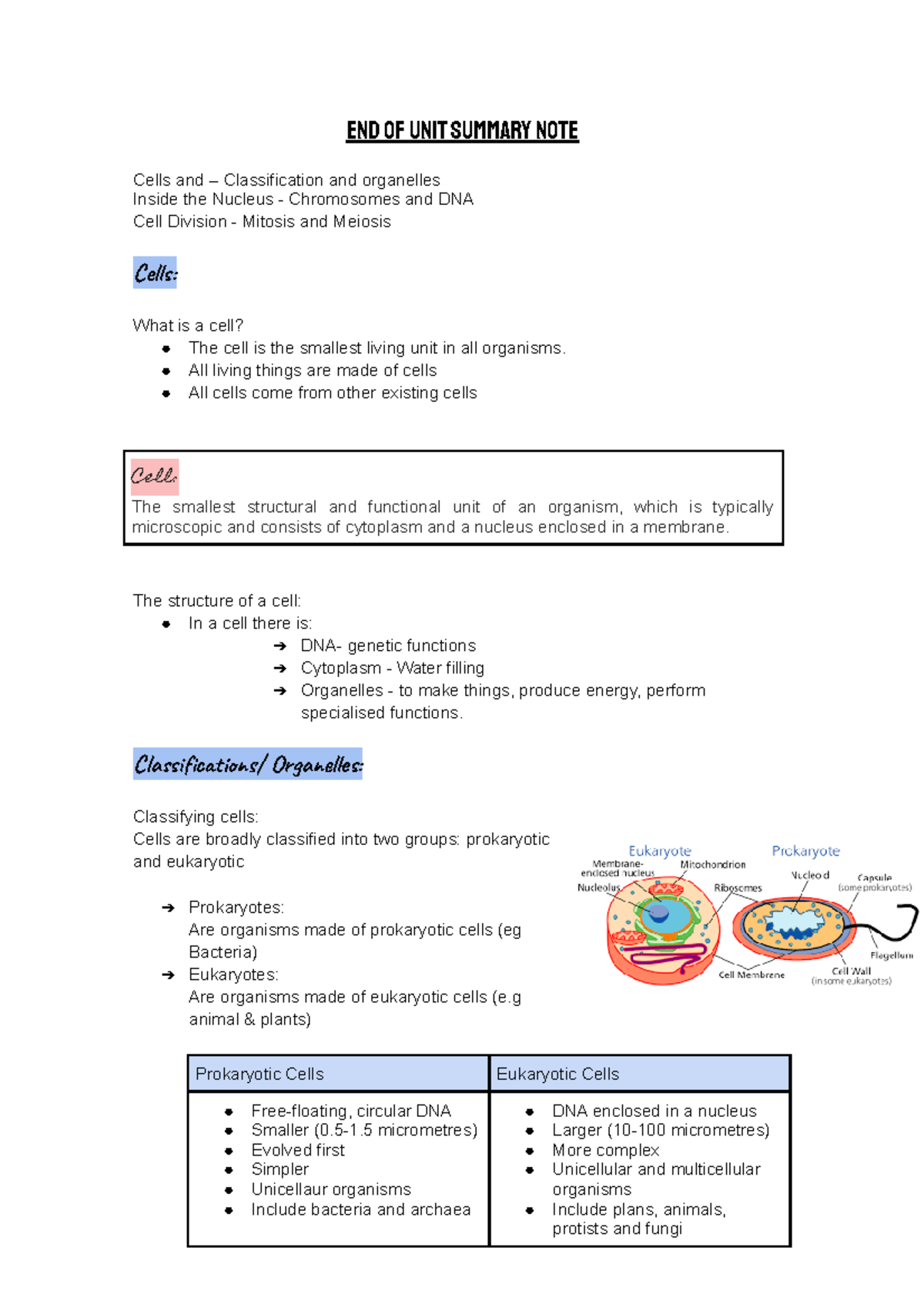 Cell revision - biology - End of Unit Summary Note Cells and ...