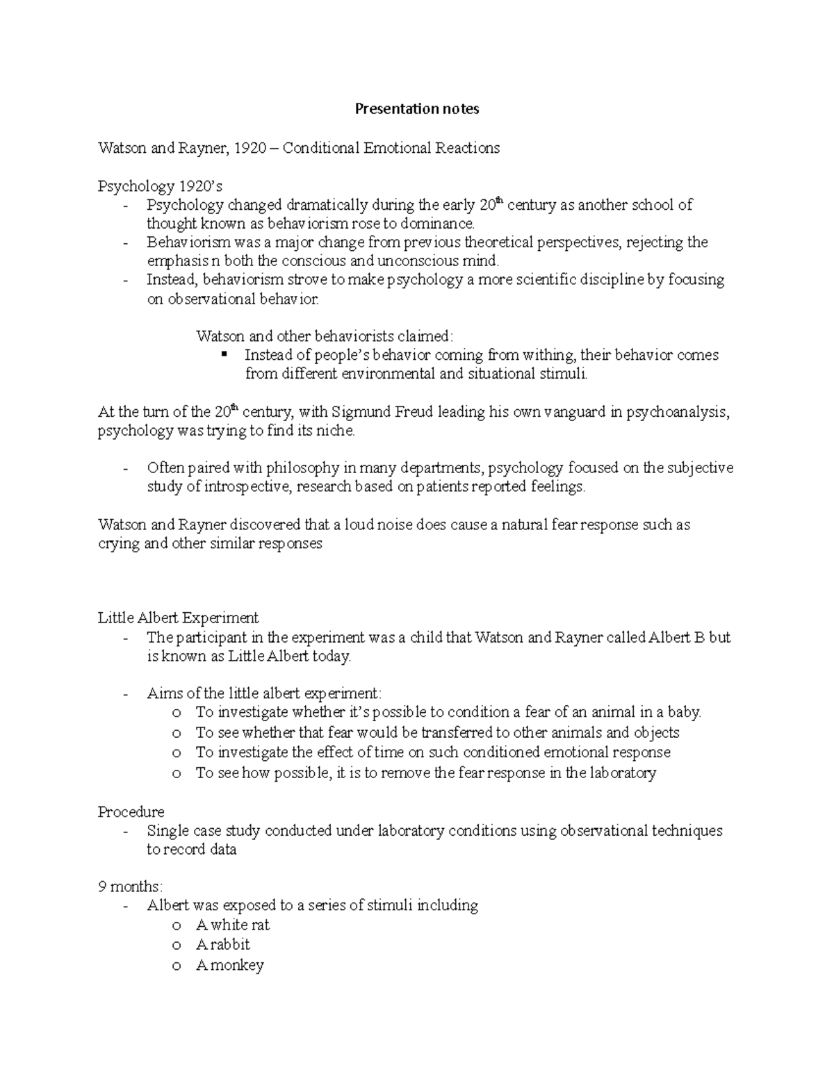 Presentation notes - Presentation notes Watson and Rayner, 1920 ...