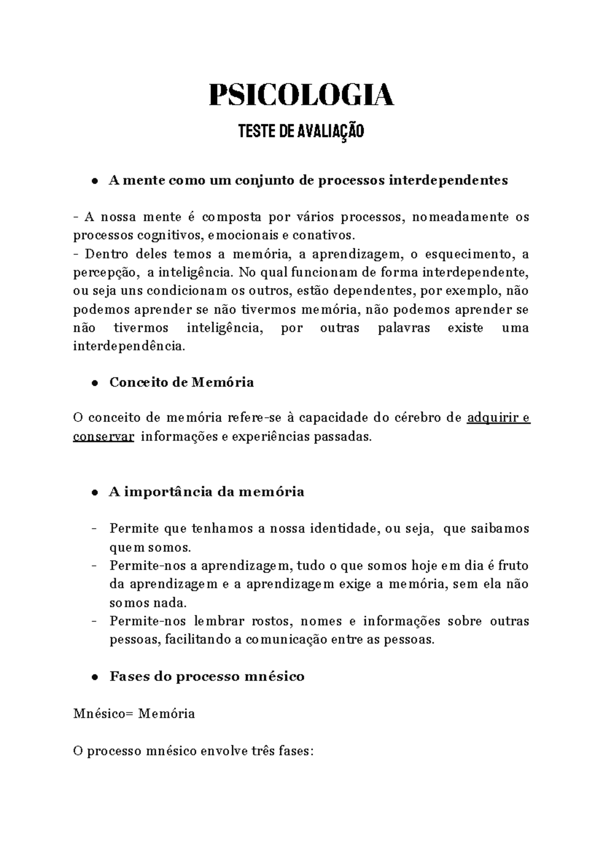 Psicologia - PSICOLOGIA tESTE DE AVALIAÇÃO A mente como um conjunto de ...