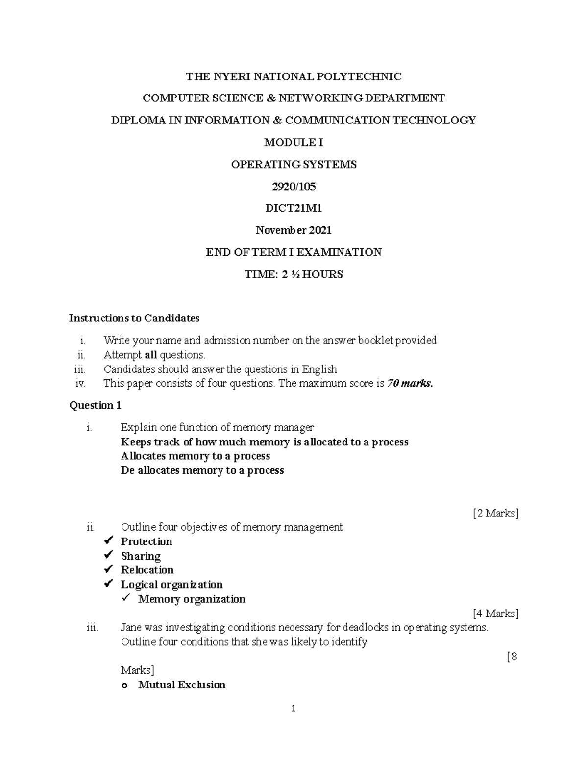 Dict21mi marking scheme - THE NYERI NATIONAL POLYTECHNIC COMPUTER ...