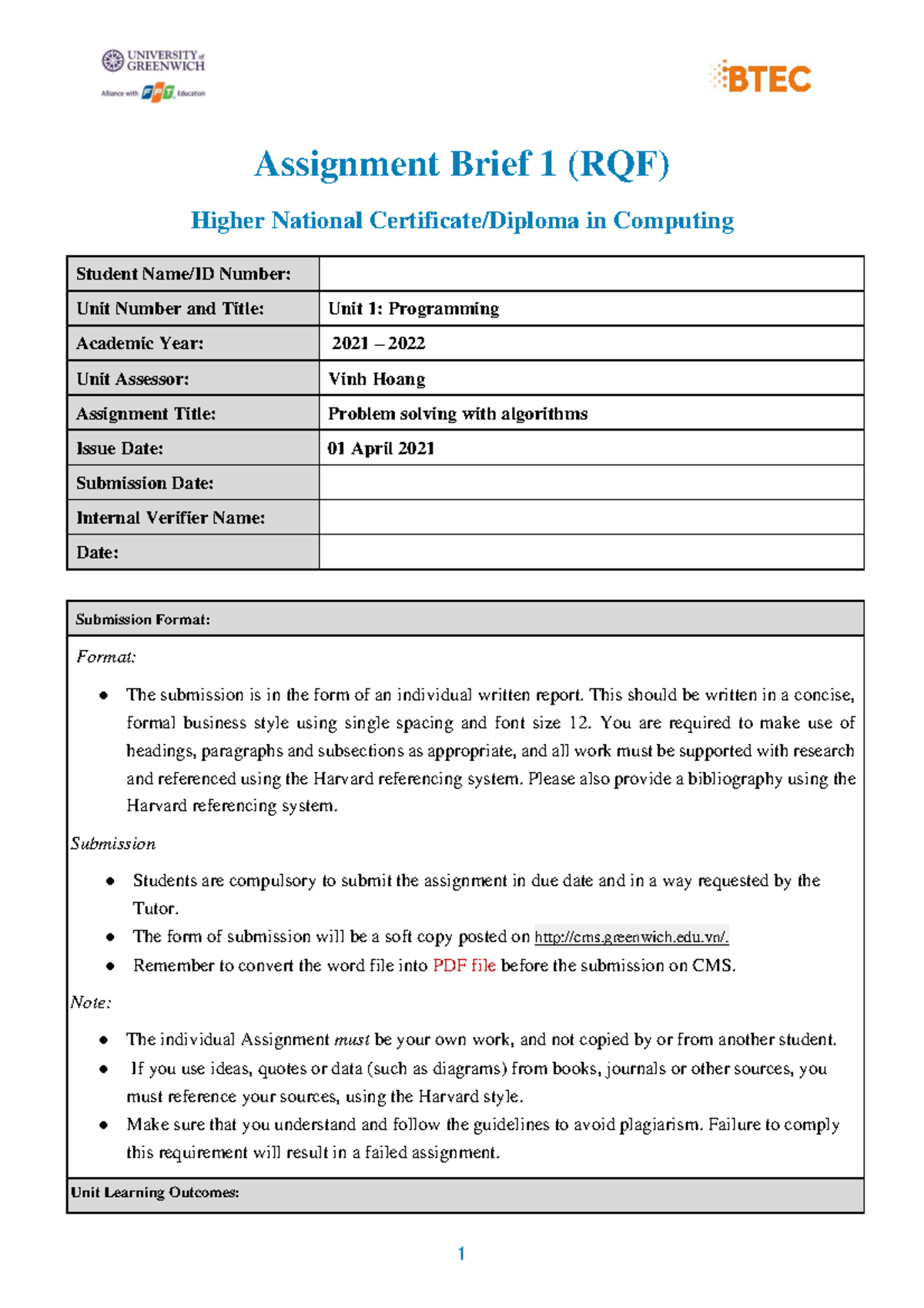 1 Unit 1 - Assignment brief 1 - 1 Assignment Brief 1 (RQF) Higher ...