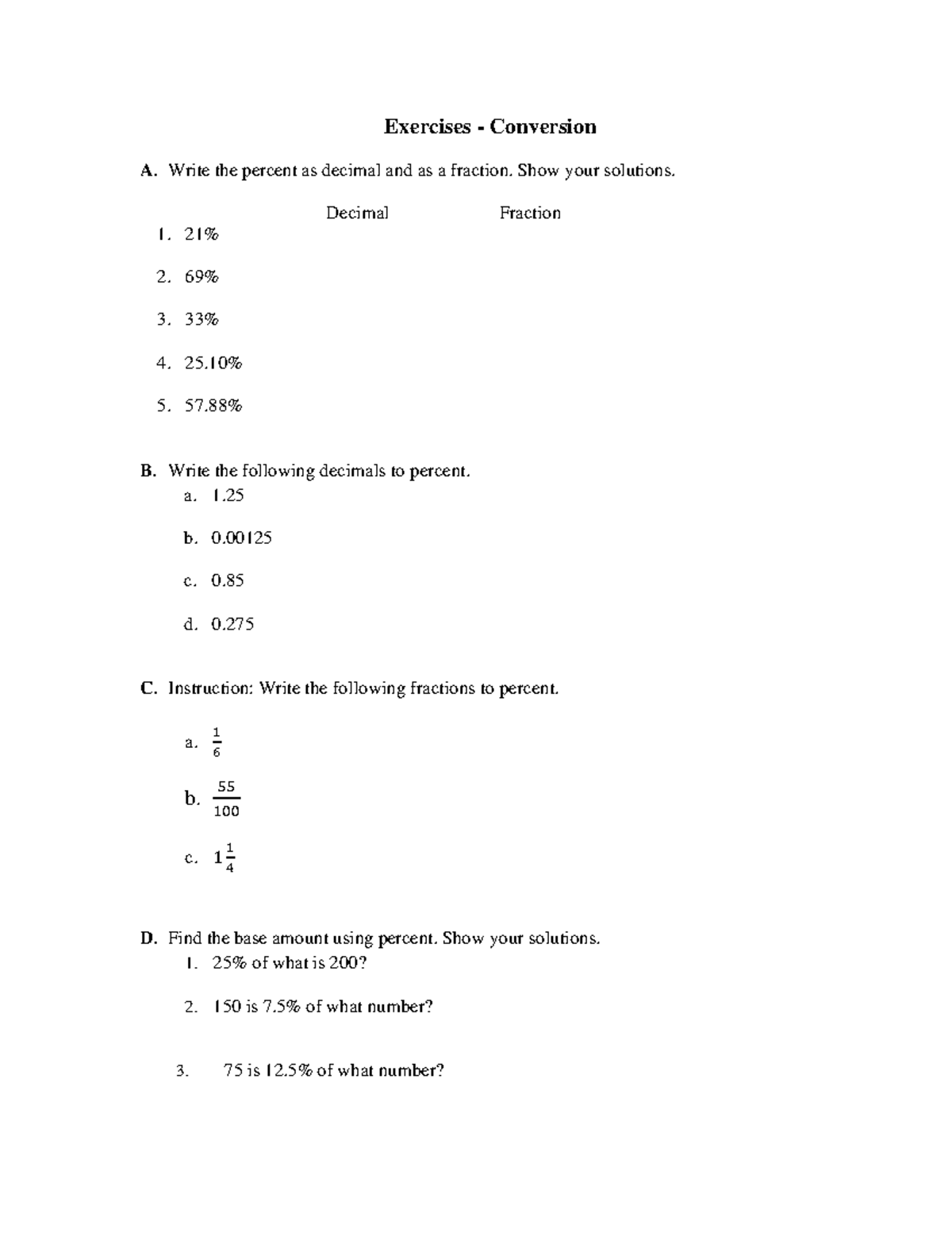 Conversions - Questions - Exercises - Conversion A. Write the percent ...