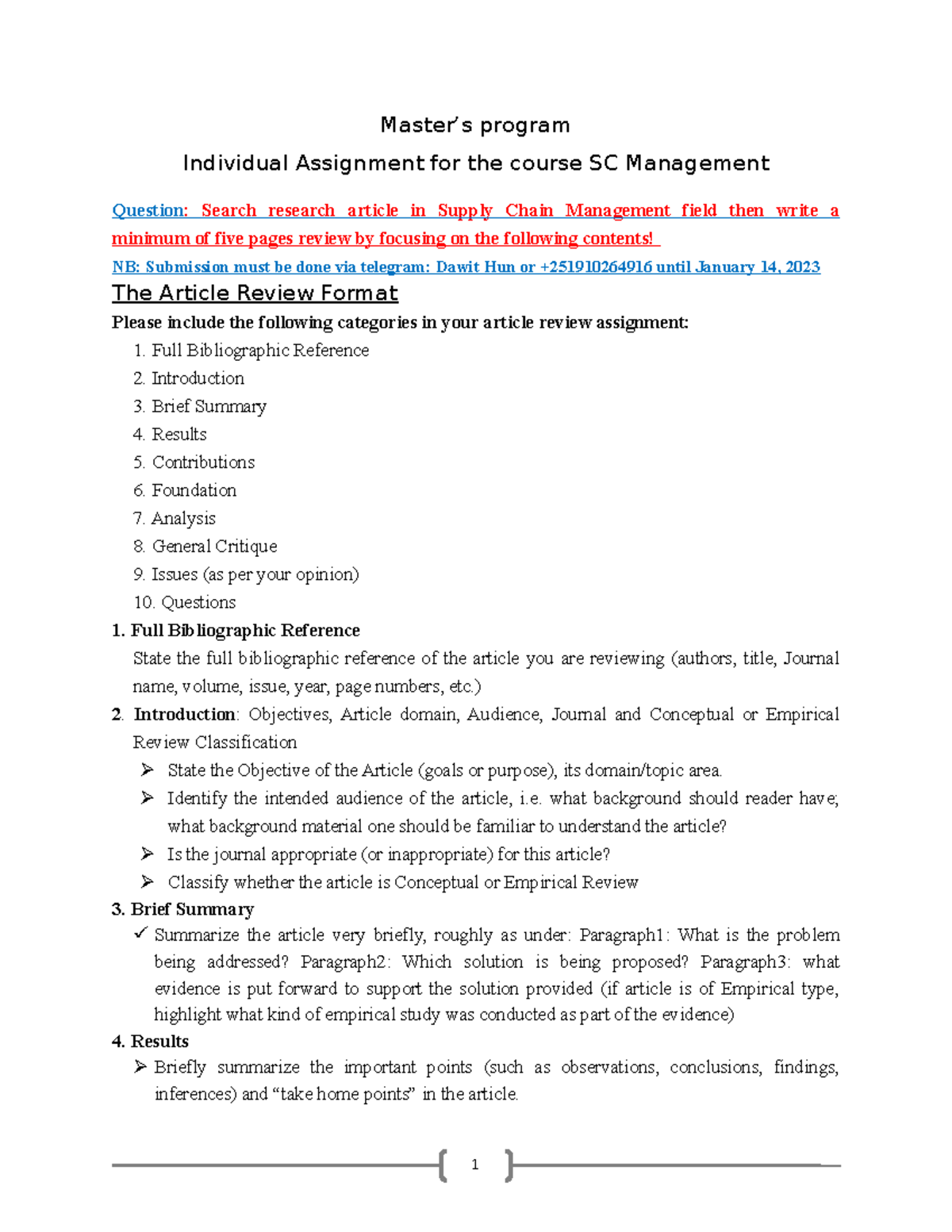 SCM Individual Assignment (Article Review) - Master’s program ...