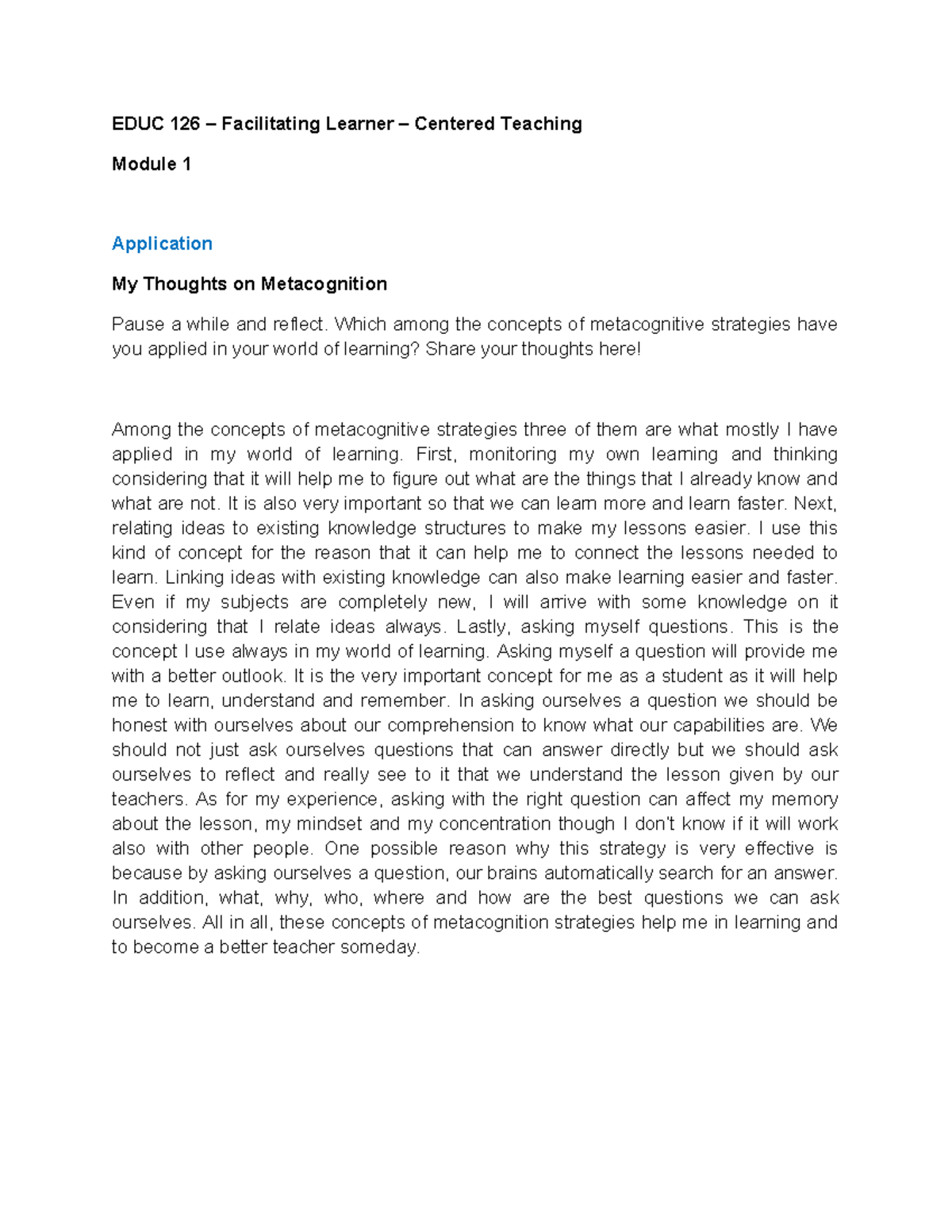 EDUC 126 - Thoughts on Metacognition - EDUC 126 – Facilitating Learner – Centered Teaching ...