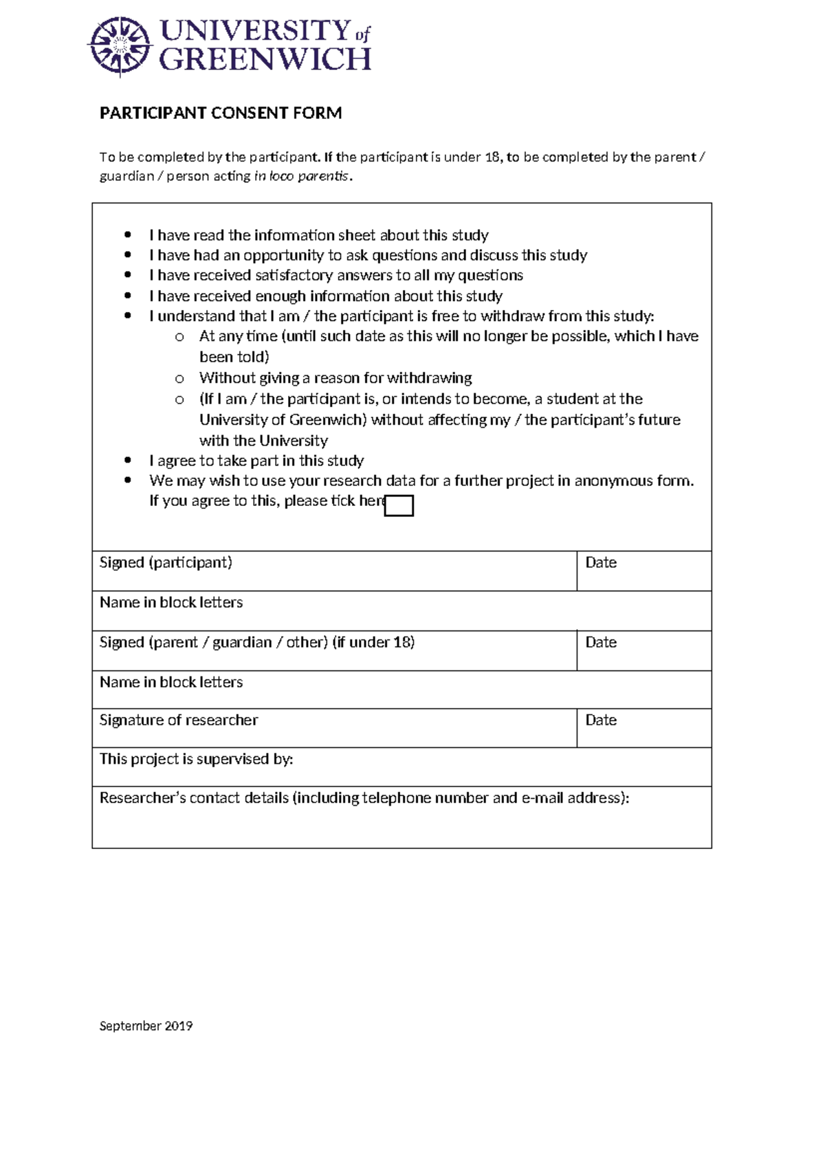 Urec consent form sept 2019 - PARTICIPANT CONSENT FORM To be completed ...