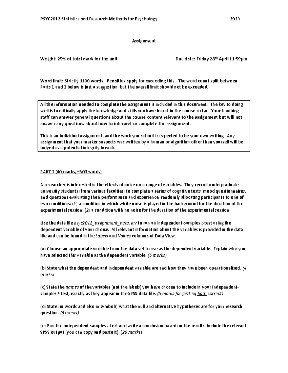 PSYC2012 assignment 2023 - PSYC2012 Statistics and Research Methods for Psychology 2023 ...