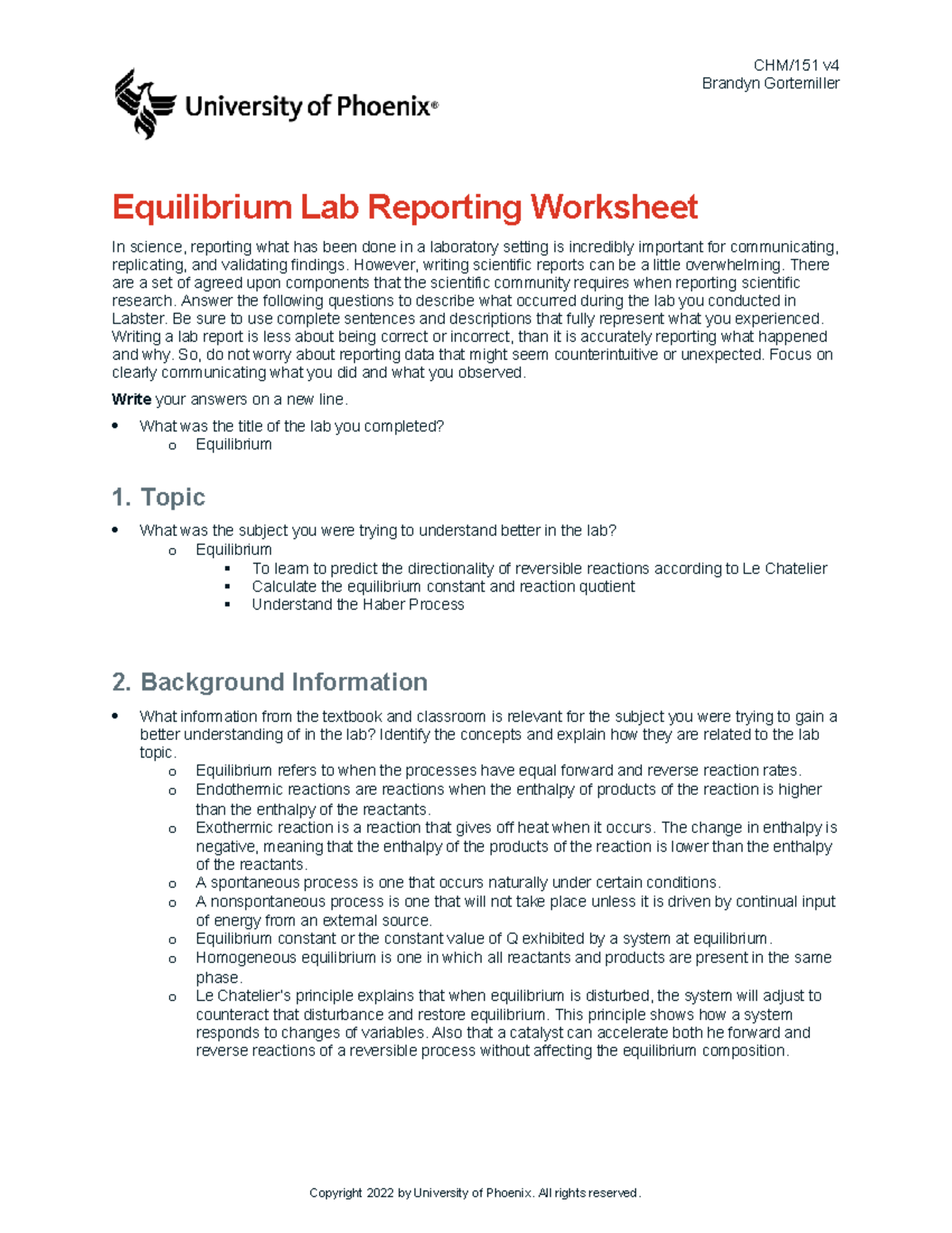 Chm151 v4 wk3 equilibrium lab report observational - CHM/151 v Brandyn Gortemiller Equilibrium ...