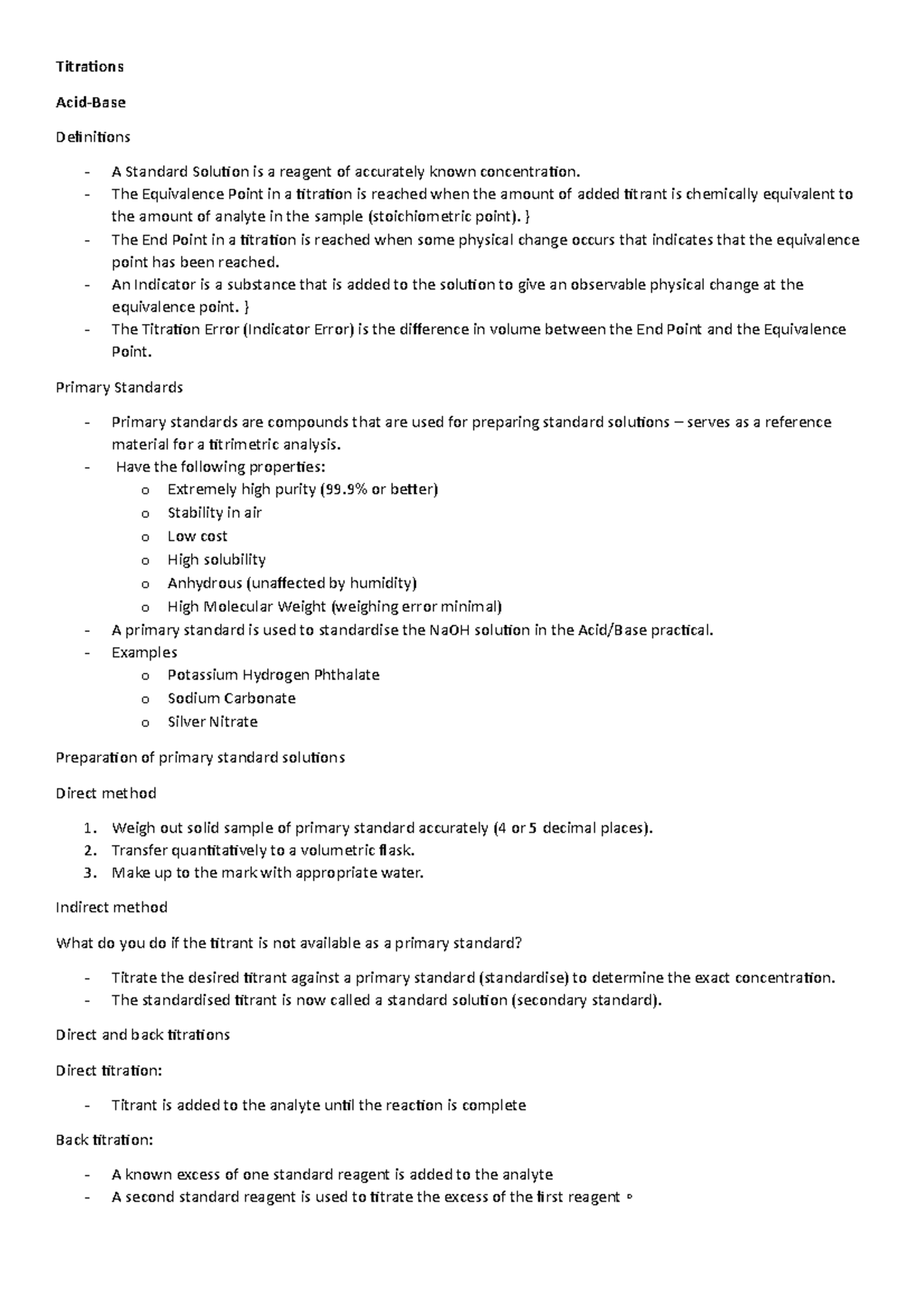 Titration notes - Titrations Acid-Base Definitions A Standard Solution ...