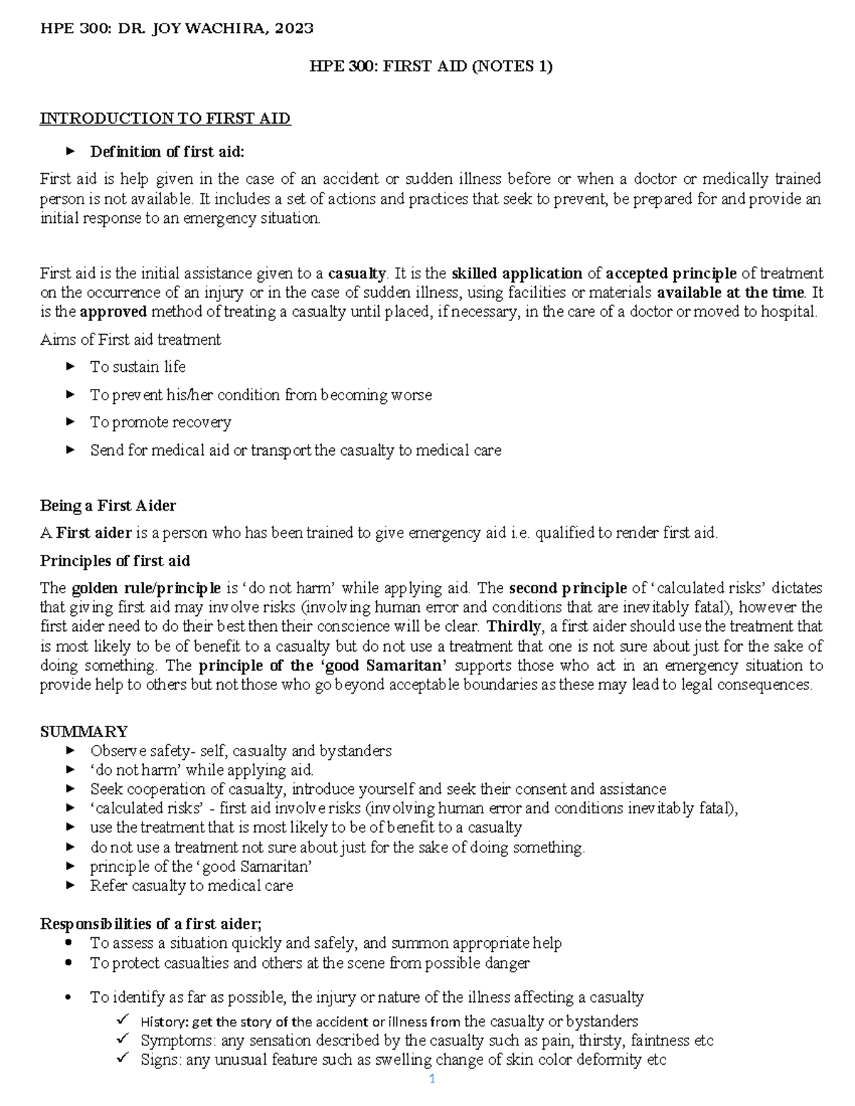 HPE 300 first aid notes 1 2023 - HPE 300: FIRST AID (NOTES 1 ...