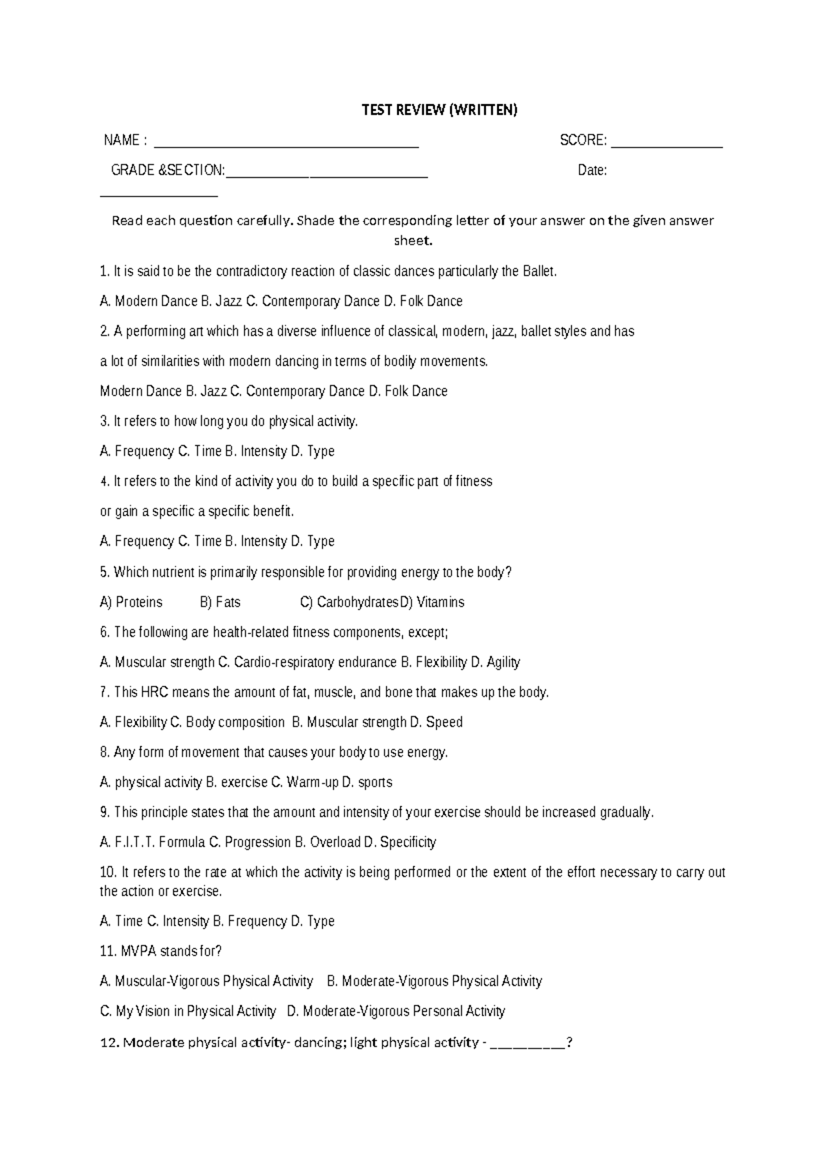 TEST Review Written - Summary Secondary education - TEST REVIEW ...