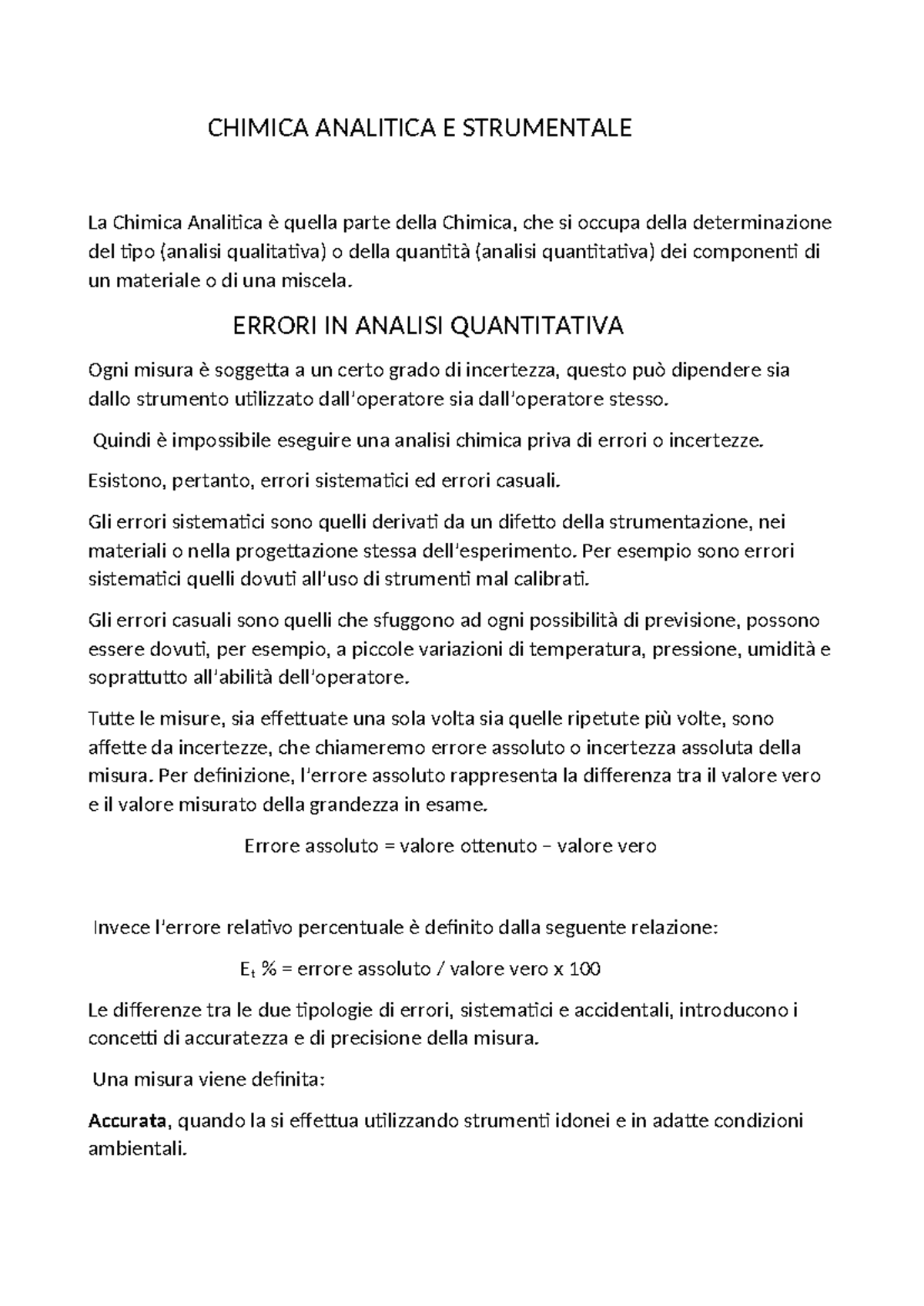 Chimica Analitica E Strumentale - CHIMICA ANALITICA E STRUMENTALE La ...