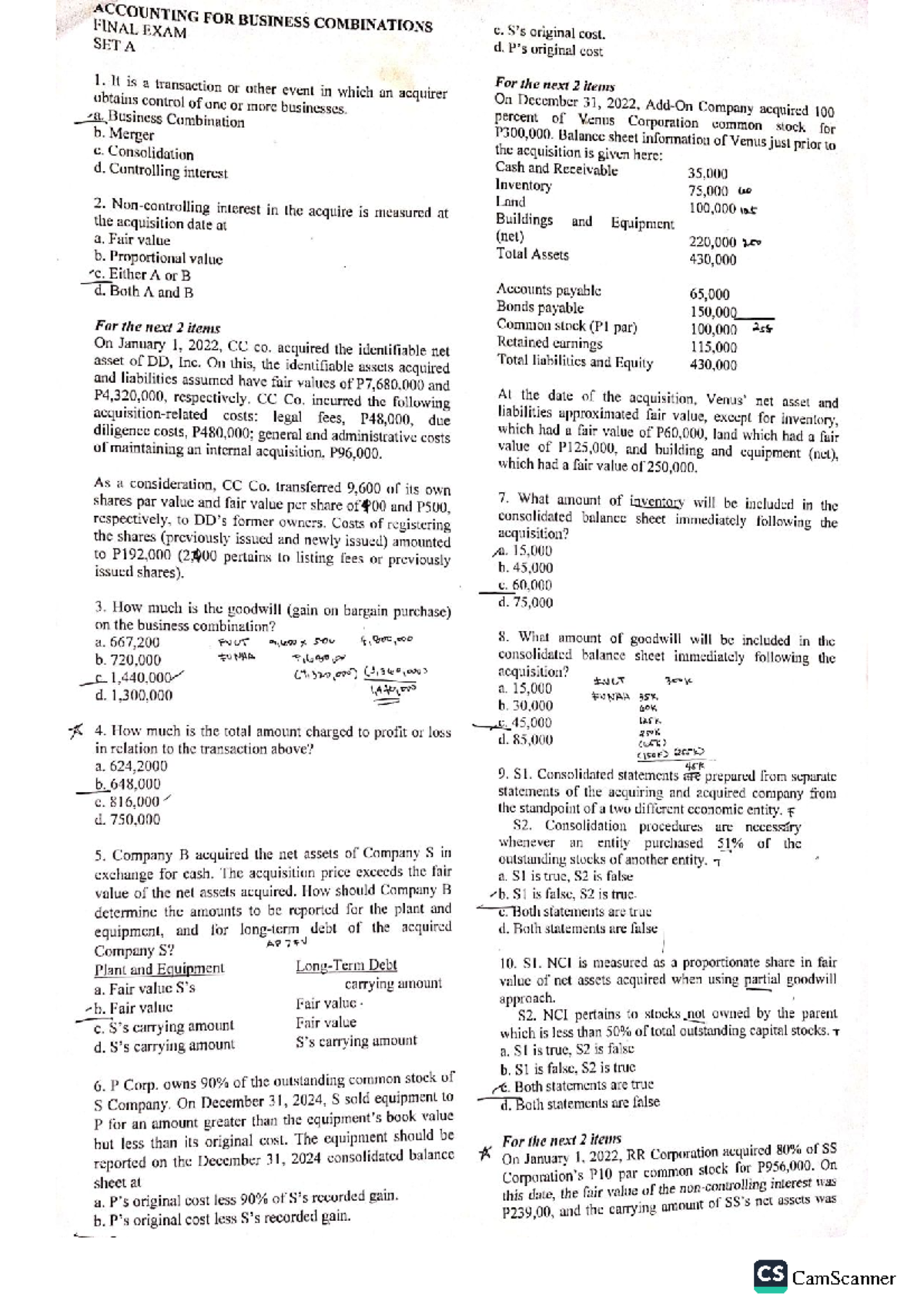 Business com final - FINAL EXAM ACCOUNTING FOR BUSINESS COMBINATIONS c ...