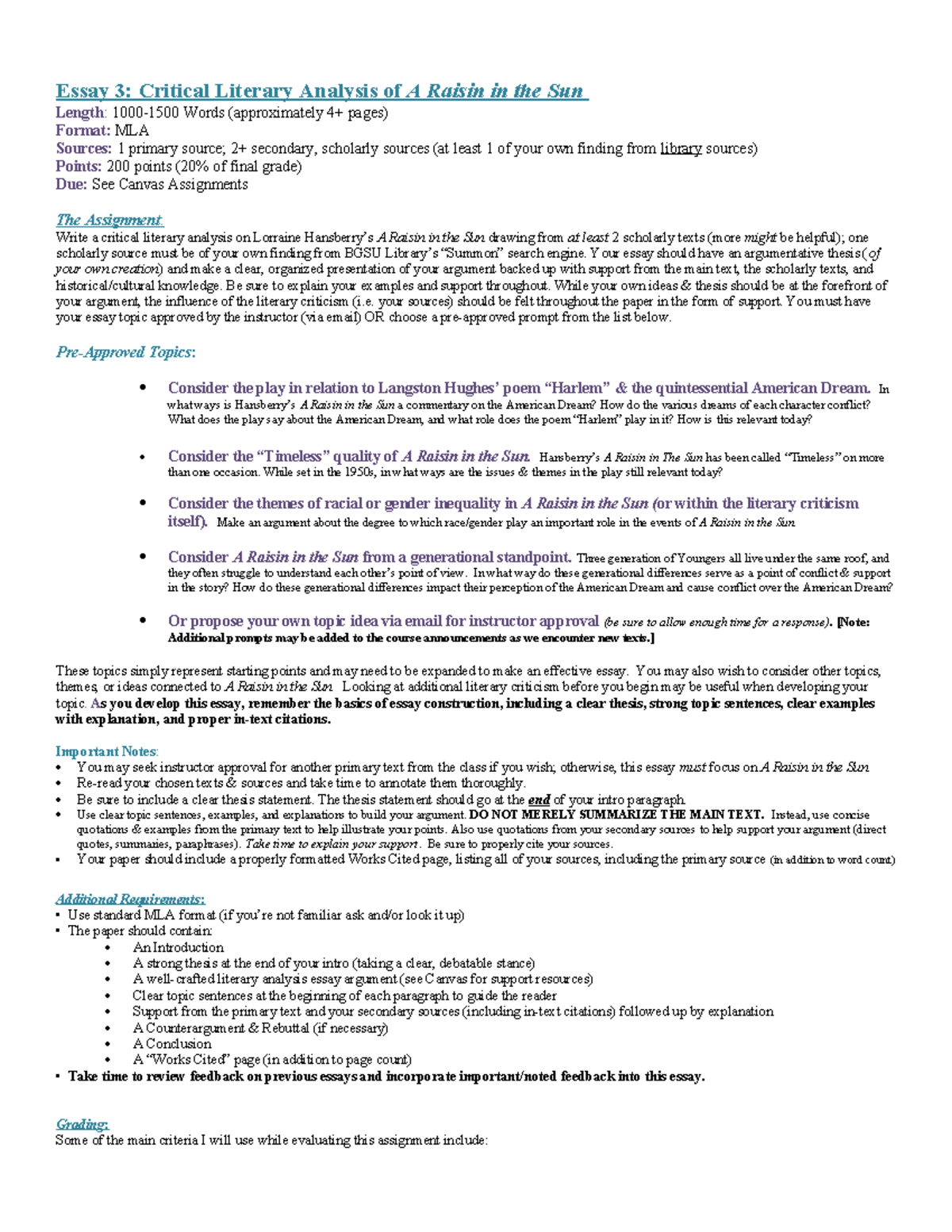 Essay 3 - Critical Literary Analysis Assignment Sheet Sum - Essay 3 ...
