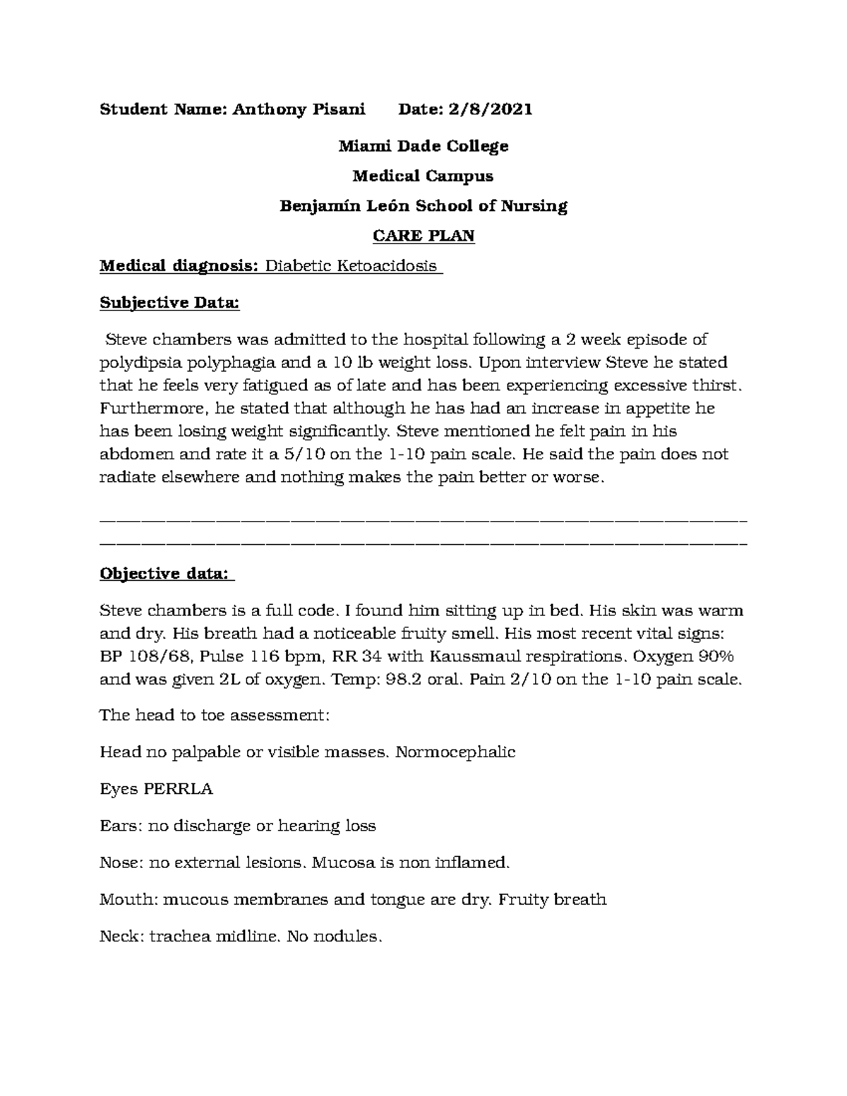 CARE PLAN copy - care plan - Student Name: Anthony Pisani Date:2/8 ...