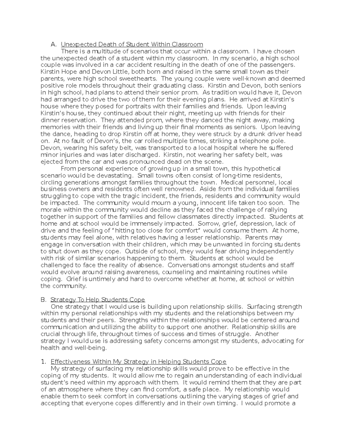 Evidence-Based Strategies - Task 5 - A. Unexpected Death of Student ...