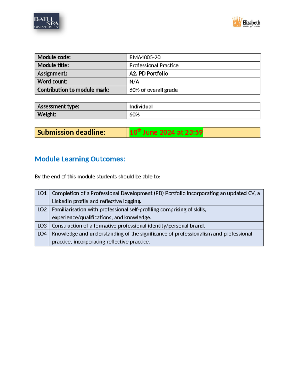 Assessment Brief 2 - Professional Practice - Module code: BMA4005 ...