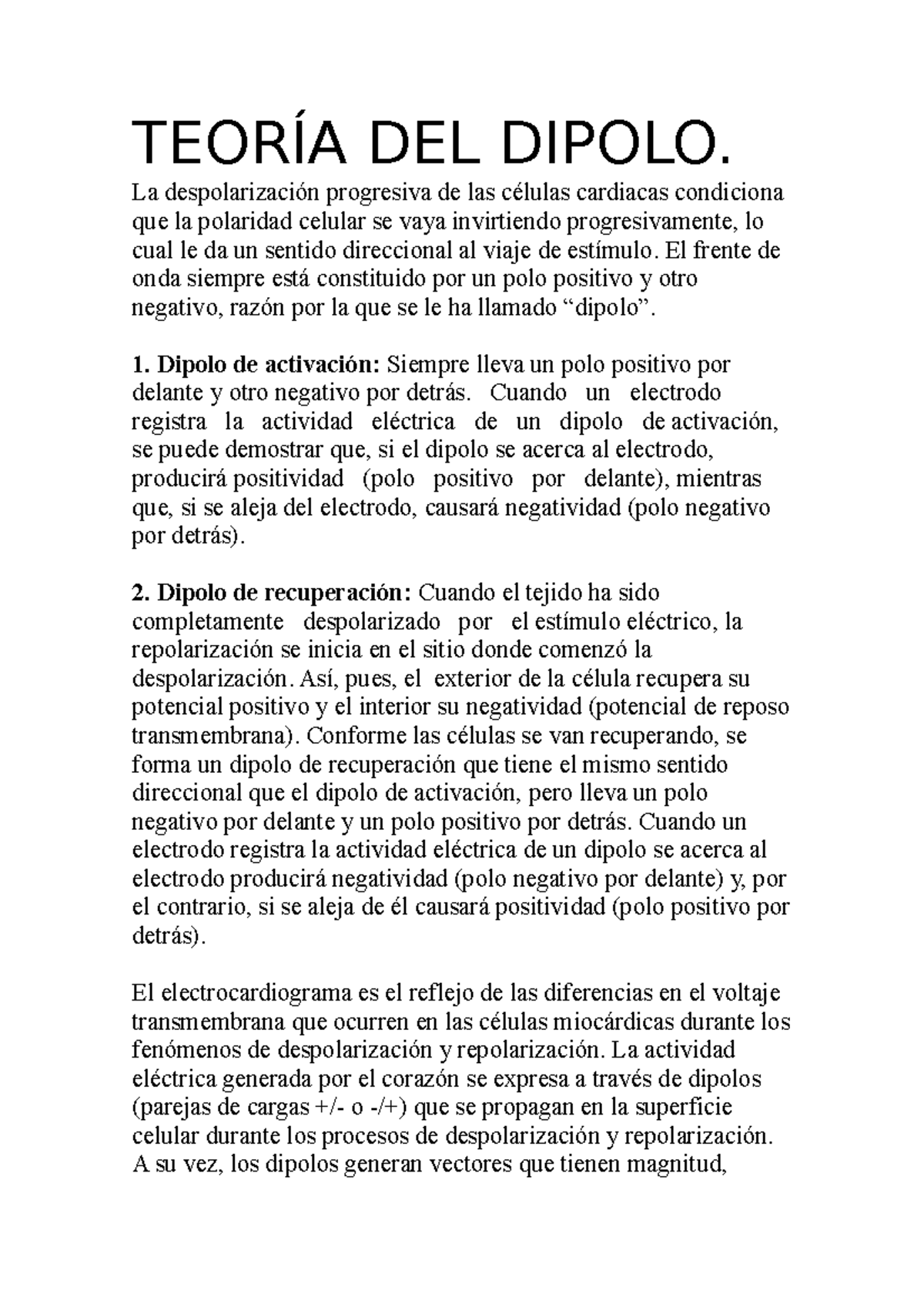 Teoría DEL Dipolo - resumen - TEORÍA DEL DIPOLO. La despolarización ...
