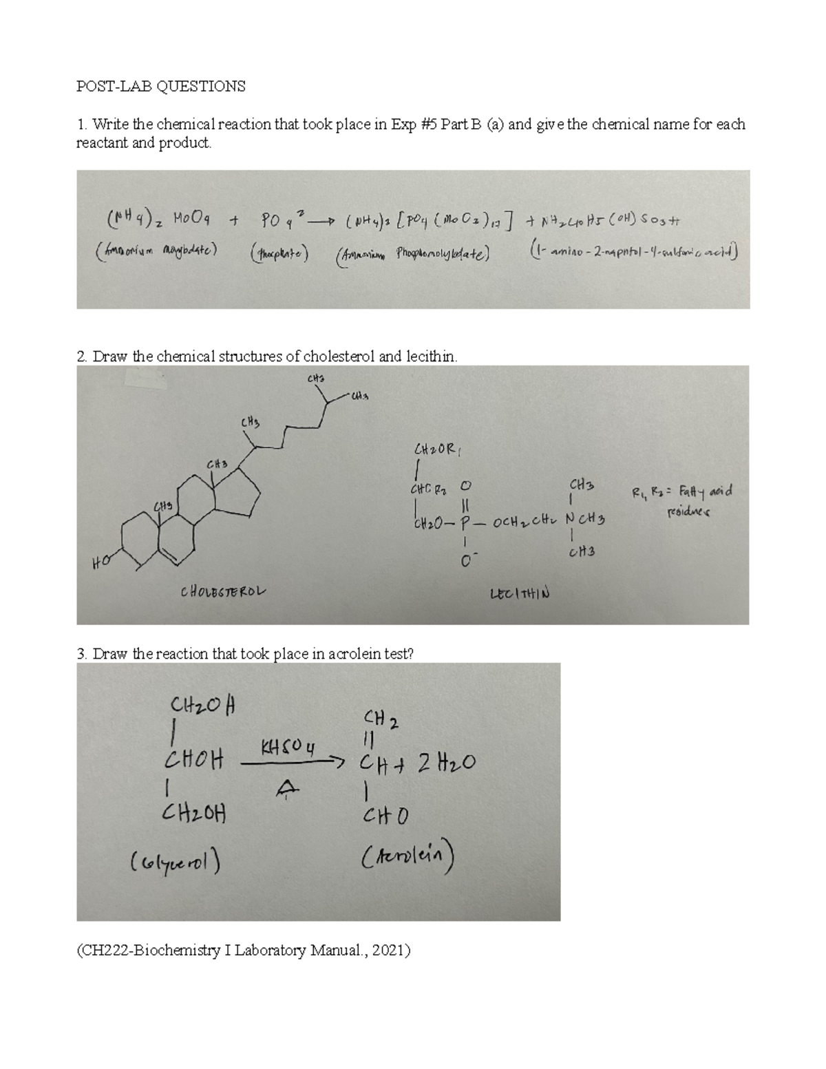 Exp-5-lipids postlab Q - POST-LAB QUESTIONS Write the chemical reaction ...