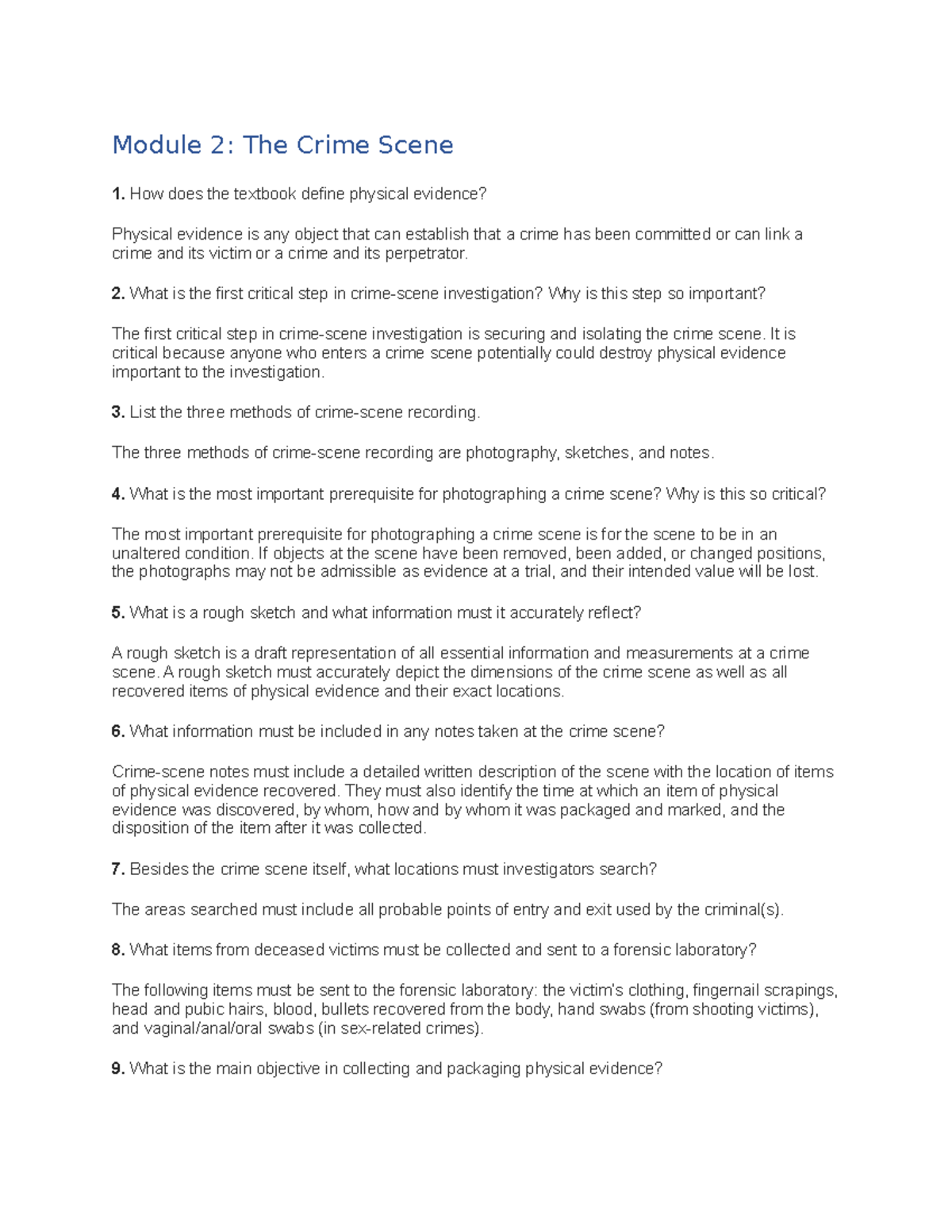 Module 2 Study Guide Questions - Module 2: The Crime Scene How does the ...