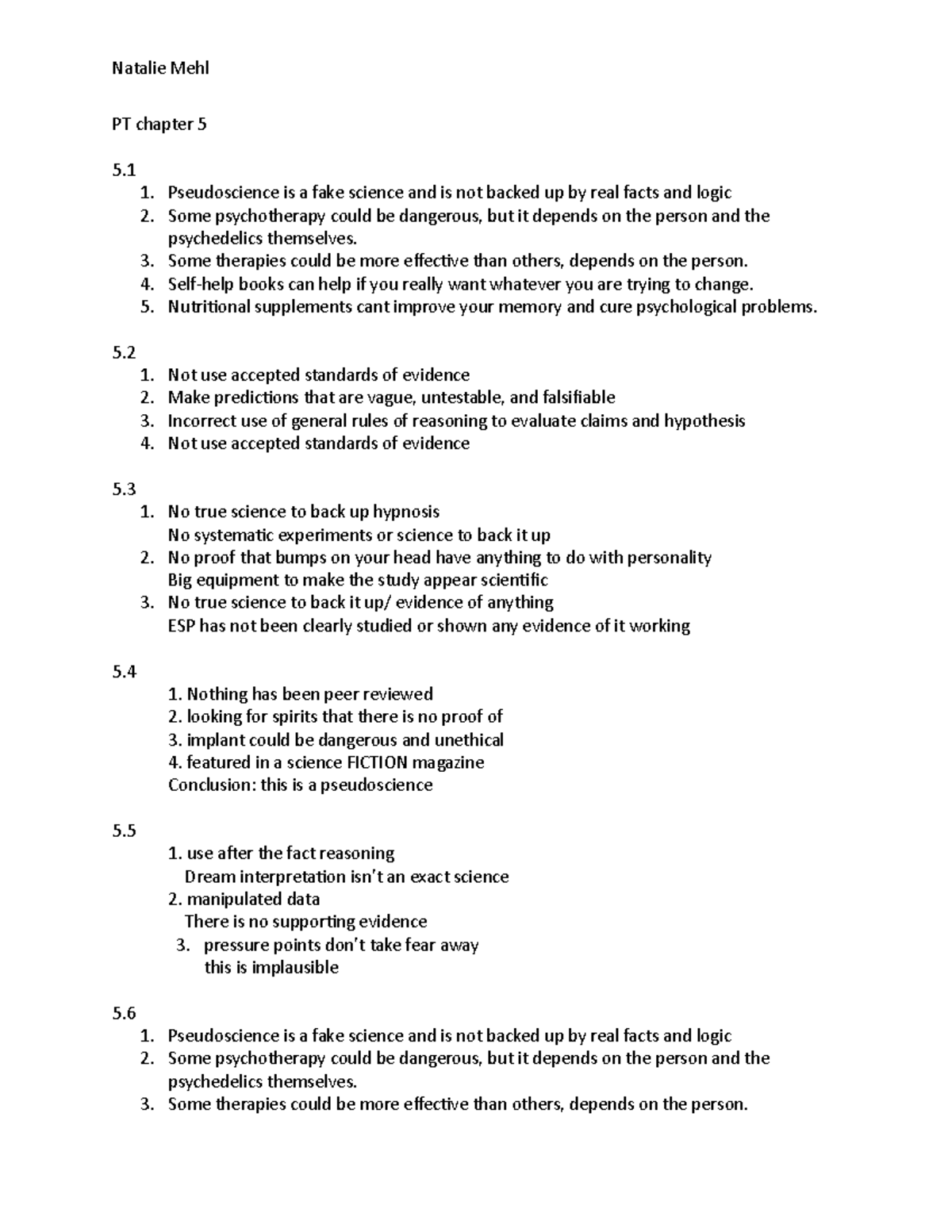 PT chapter 5 - book questions - Natalie Mehl PT chapter 5 Pseudoscience ...