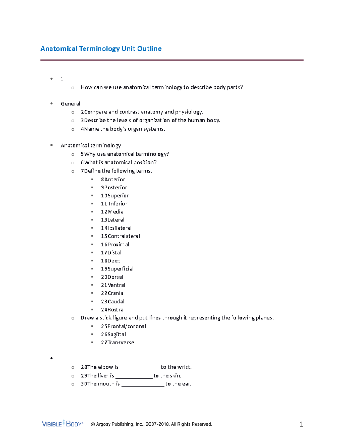 Anatomical terminology unit outline TEST - Anatomical Terminology Unit ...