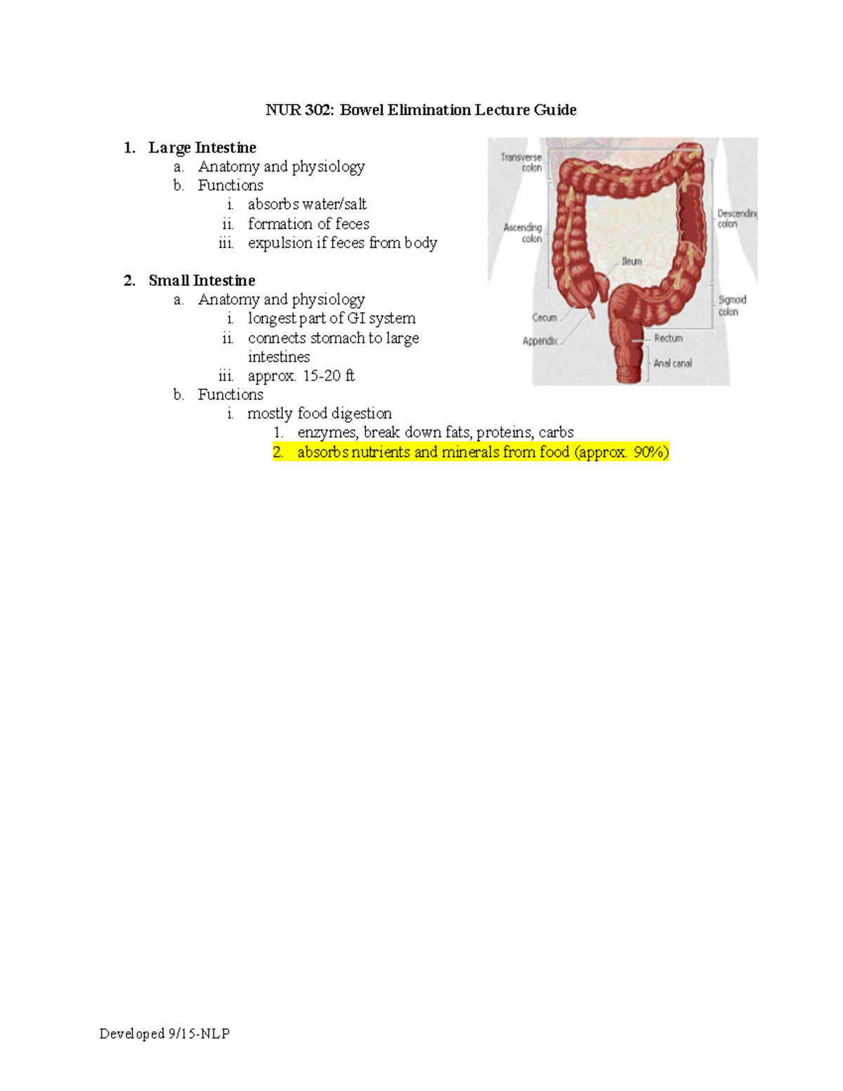 Bowel Elimination Lecture Guide - NUR 302: Bowel Elimination Lecture ...