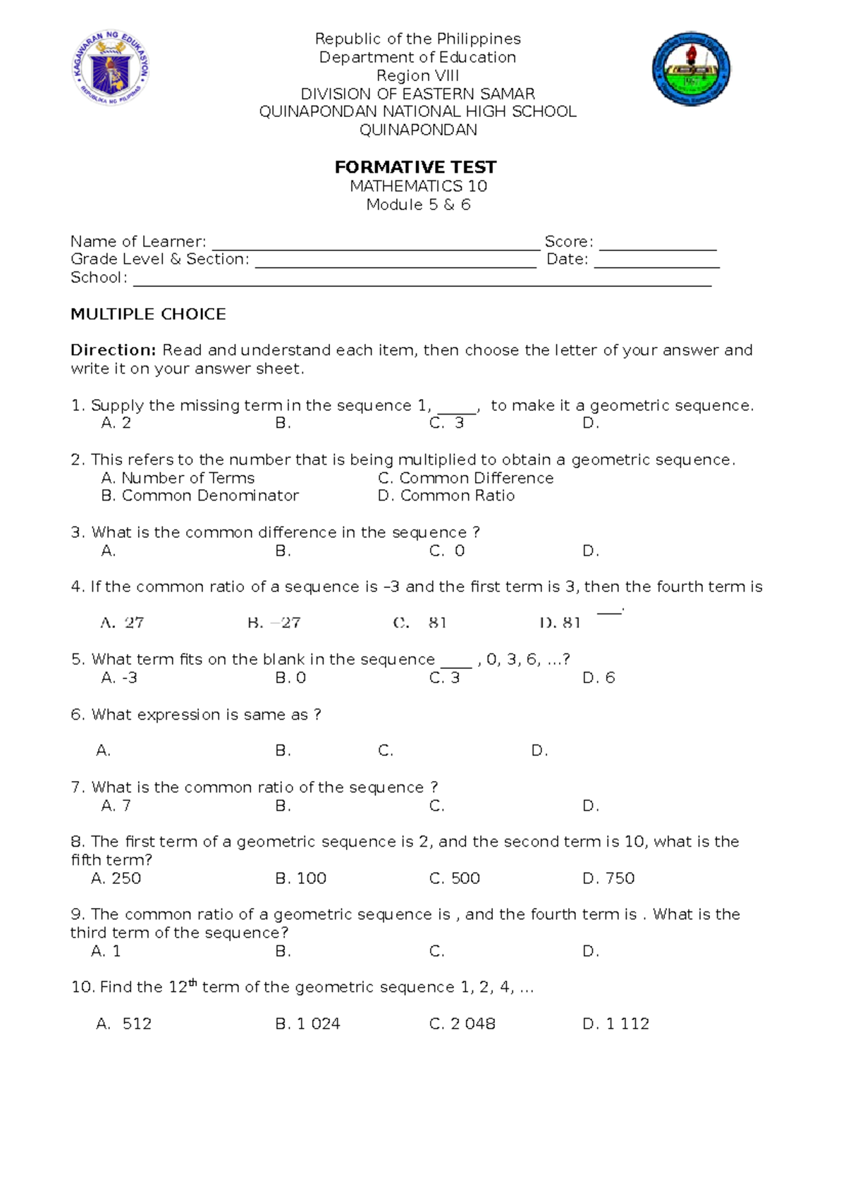 Quarter 1 Paralllel Test in Math 10 week 5-6 - Republic of the ...