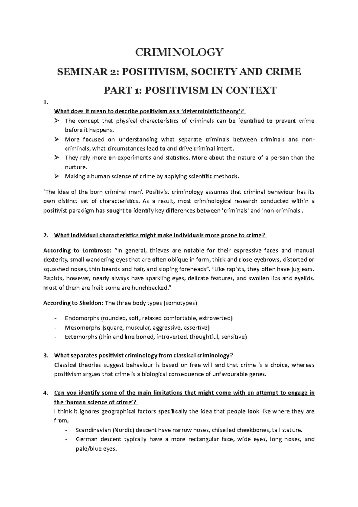 Seminar 2 - CRIMINOLOGY SEMINAR 2: POSITIVISM, SOCIETY AND CRIME PART 1 ...
