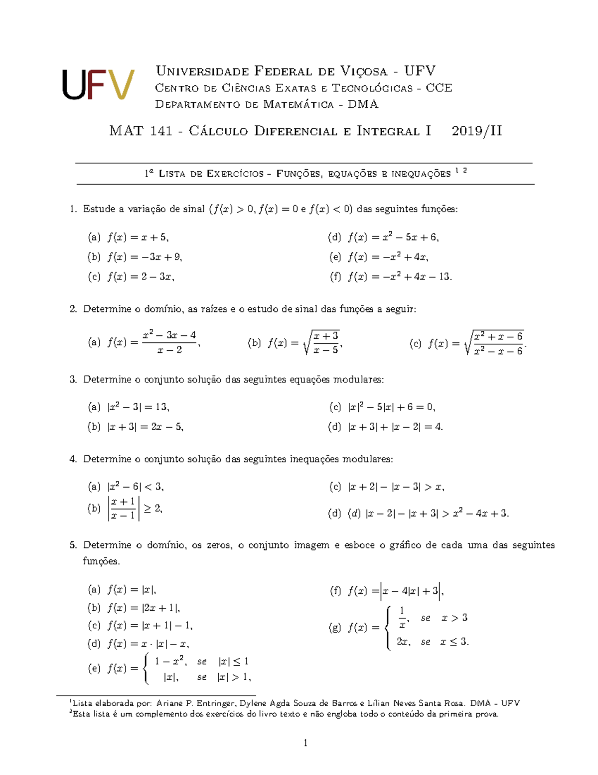Lista 1 - Funções - MAT 141 - 2019-II - Universidade Federal de Vic ...