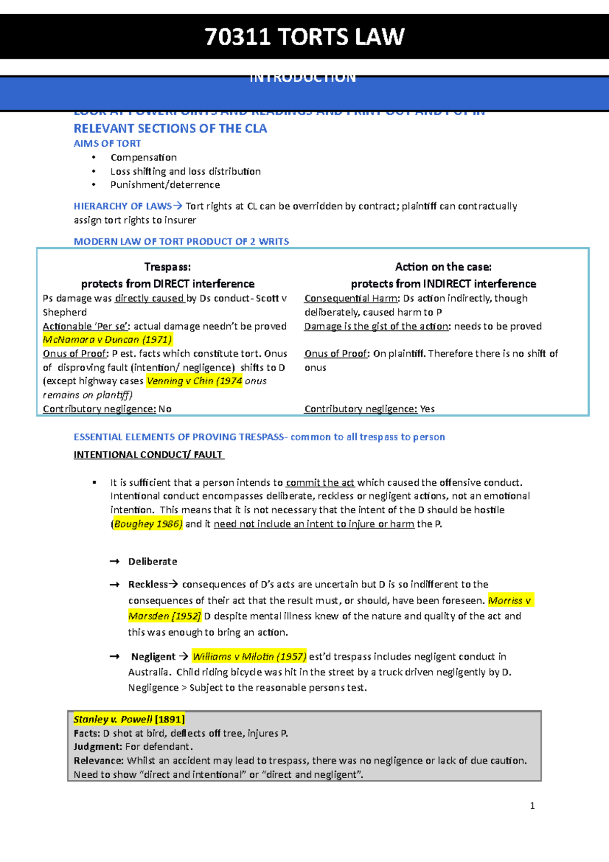 Torts Entire Subject Notes - 70311 TORTS LAW INTRODUCTION lynchhhh LOOK ...