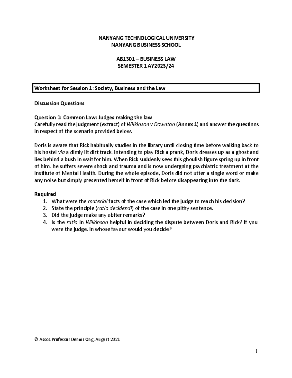 Session 1 - Worksheet - Biz law notes - NANYANG TECHNOLOGICAL ...