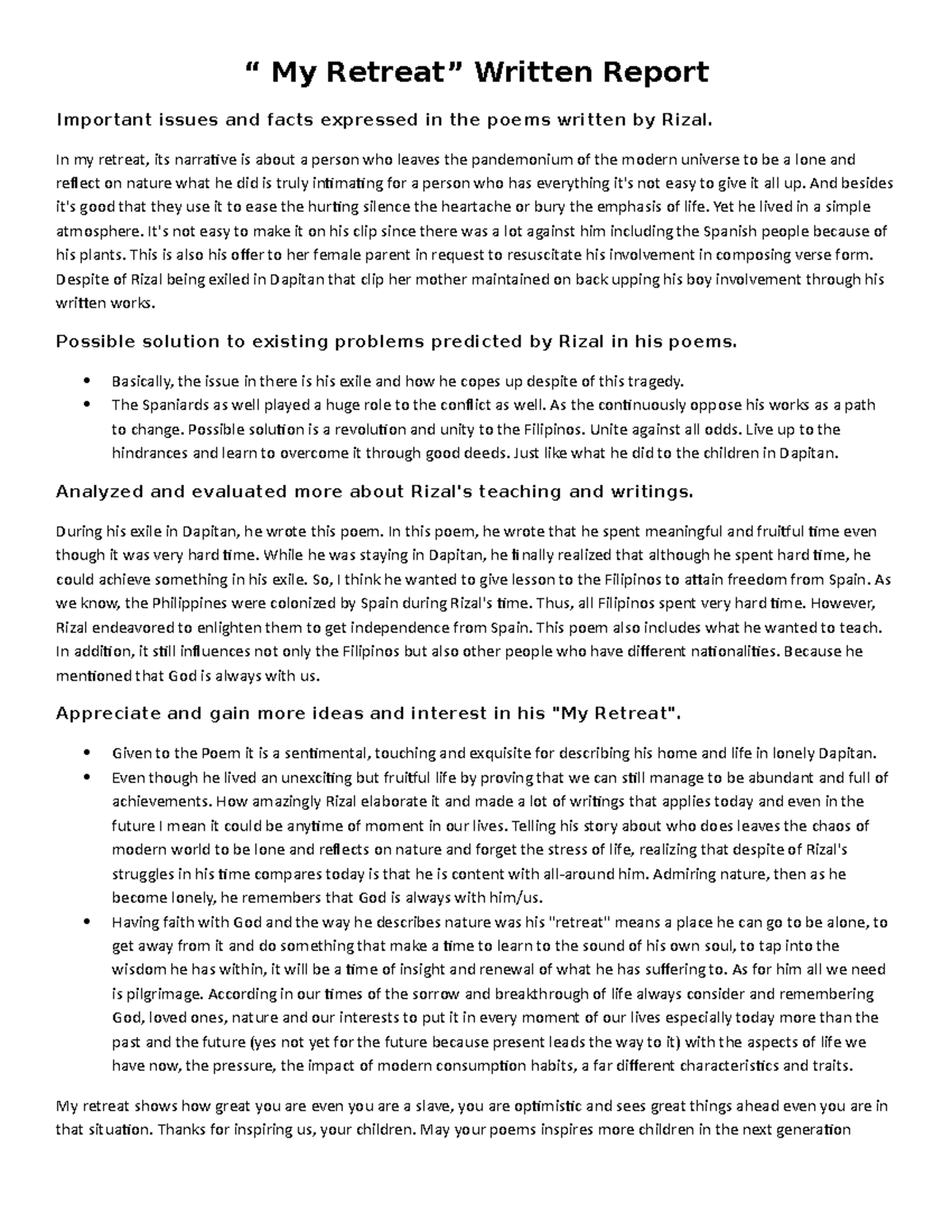 2 WR Dujua M - WRITTEN REPORT FOR MY RETREAT - “ My Retreat” Written ...