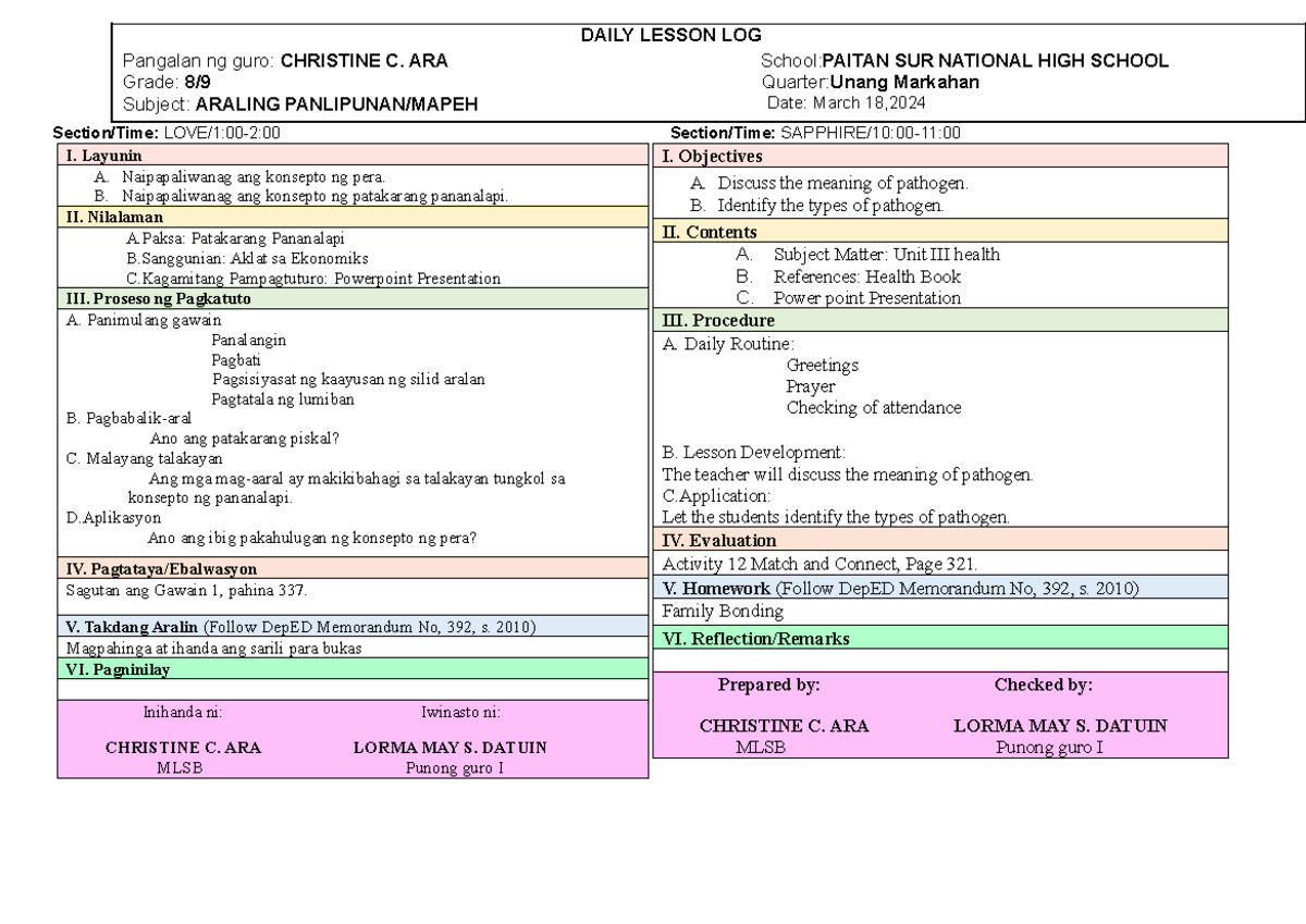 AAA- Daily Lesson LOG - DAILY LESSON LOG Pangalan ng guro: CHRISTINE C ...