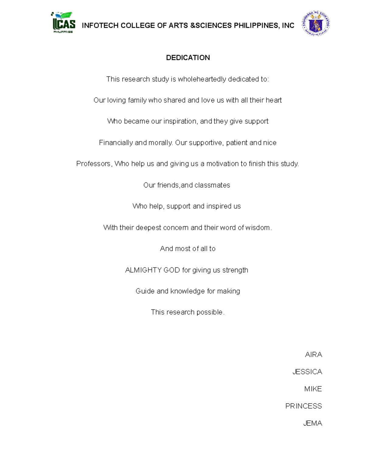 Dedication - TO HELP STUDENTS - INFOTECH COLLEGE OF ARTS &SCIENCES ...