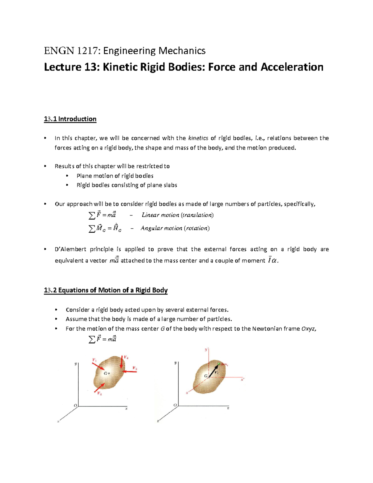 Summary 13 Kinetic of Rigid Body Force and Acceleration - ENGN 1217: Engineering Mechanics ...